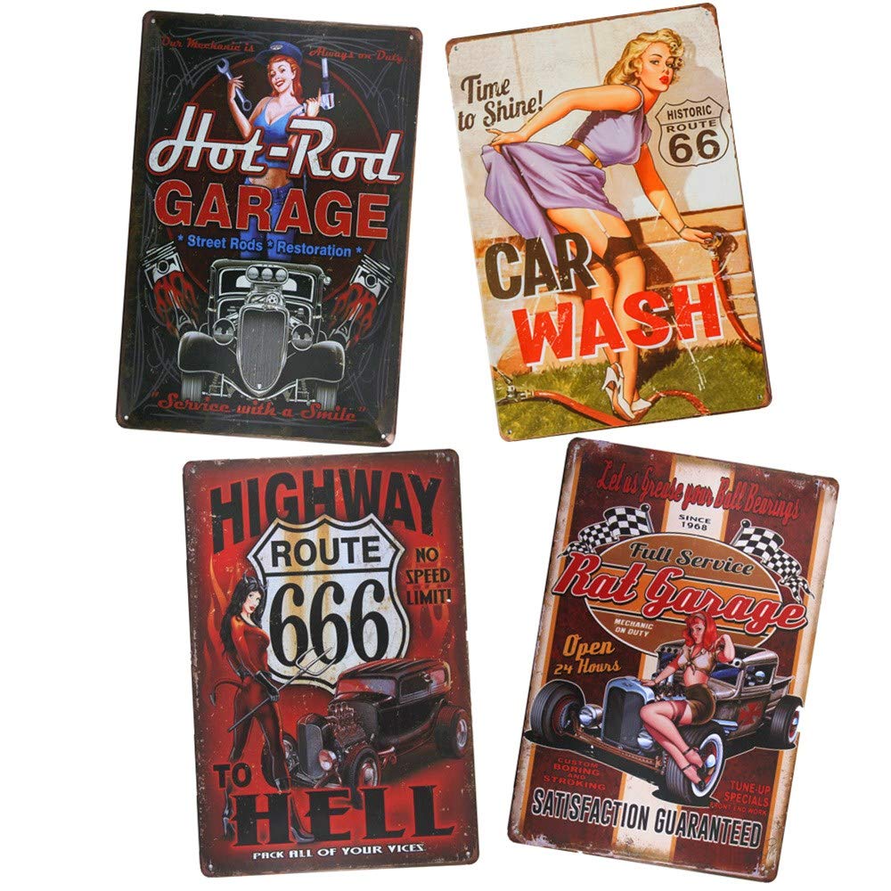 Highway Route 666 Retro Pin up girl garage Poster 4pcs Metal Tin gas ...
