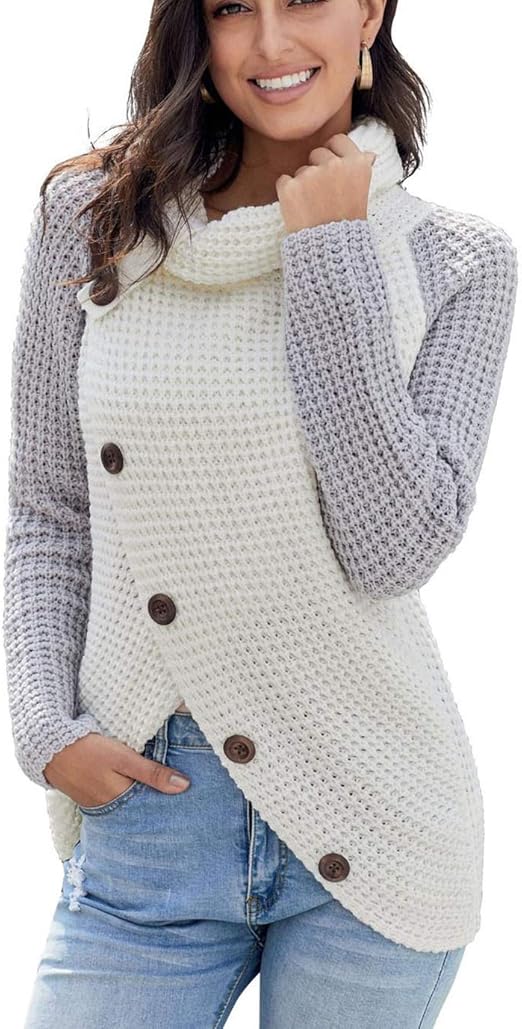 Eddoyee Women Turtleneck Button Wrap Sweater Knitting Pullover Long ...