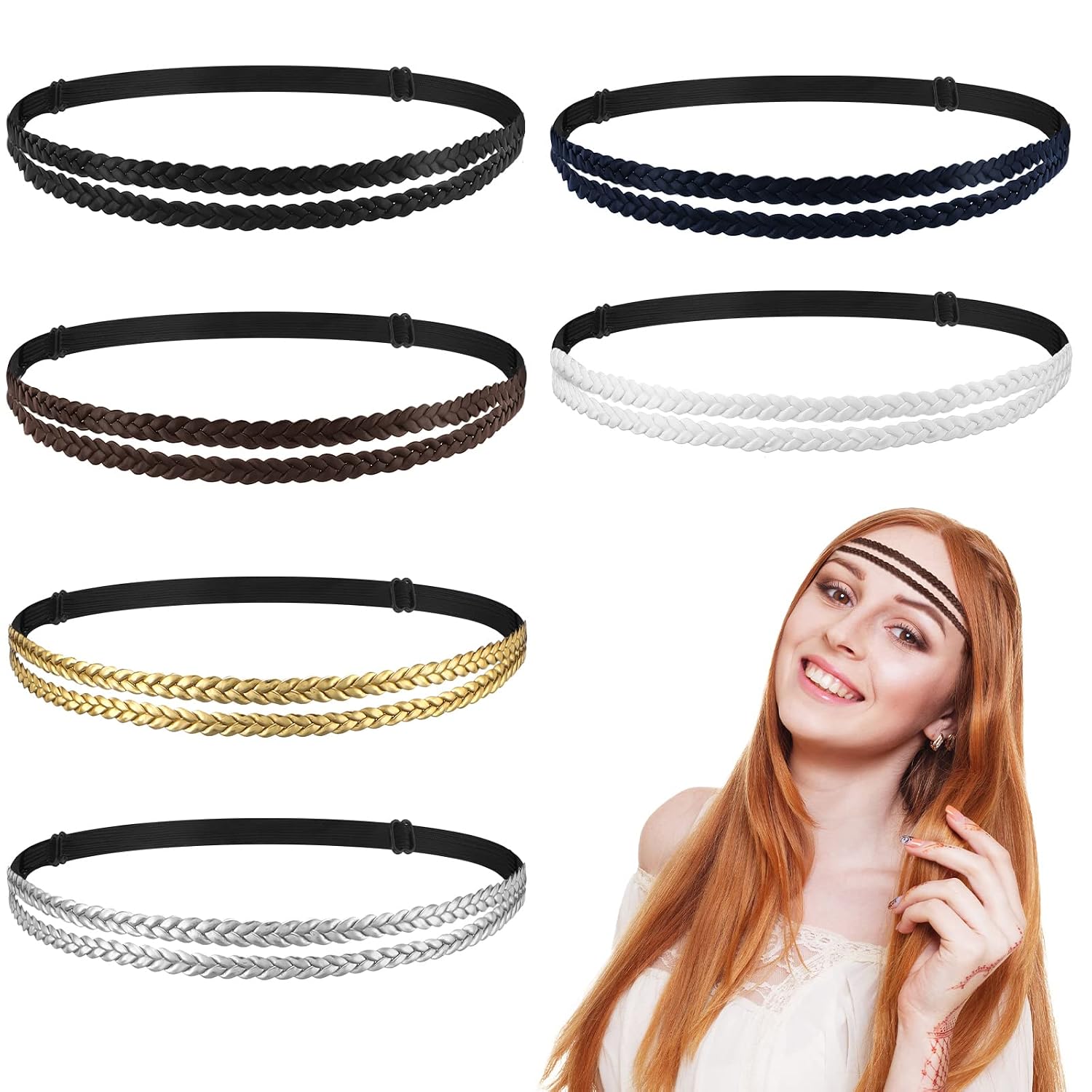 Amazon.com : 6 Pieces Elastic Braided Headbands Boho Hair Bands Hippie ...