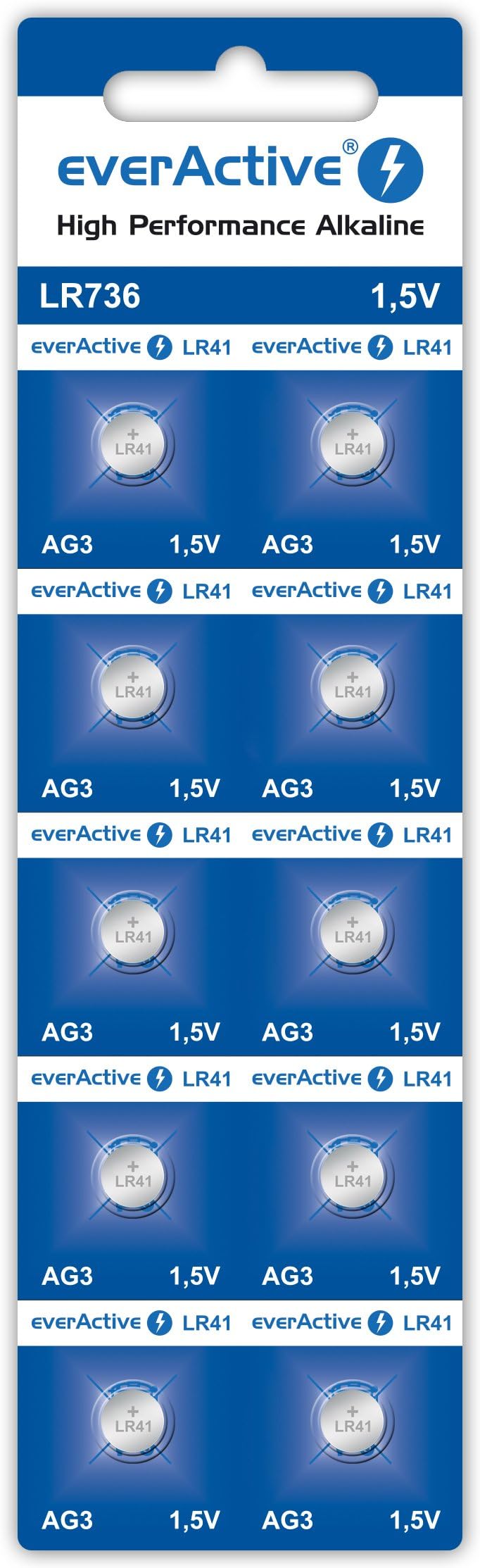 EverActive AG3 Lot de 10 Piles alcalines Mini G3 LR736 LR41 1,5 V Durée ...