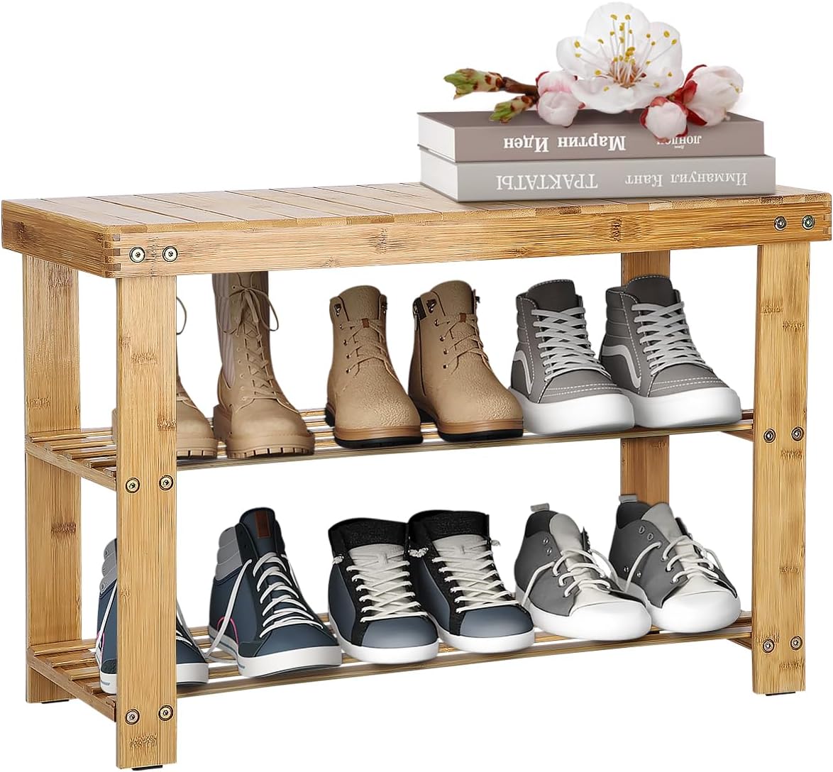 Holdfiturn Shoe Rack, 3 Tier Bamboo Shoe Bench Shoe Racks Storage Stand ...