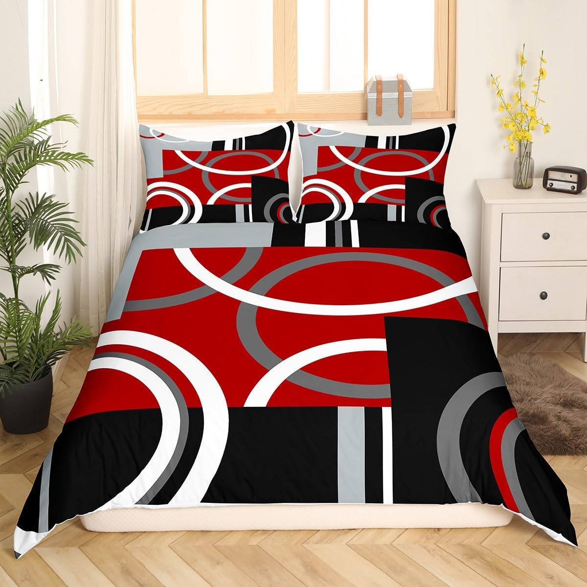 Amazon.com: Kids Red and Black Bedding Set Queen Size Geometry Circle ...