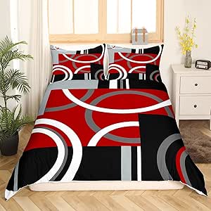 Amazon.com: Kids Red and Black Bedding Set Queen Size Geometry Circle ...