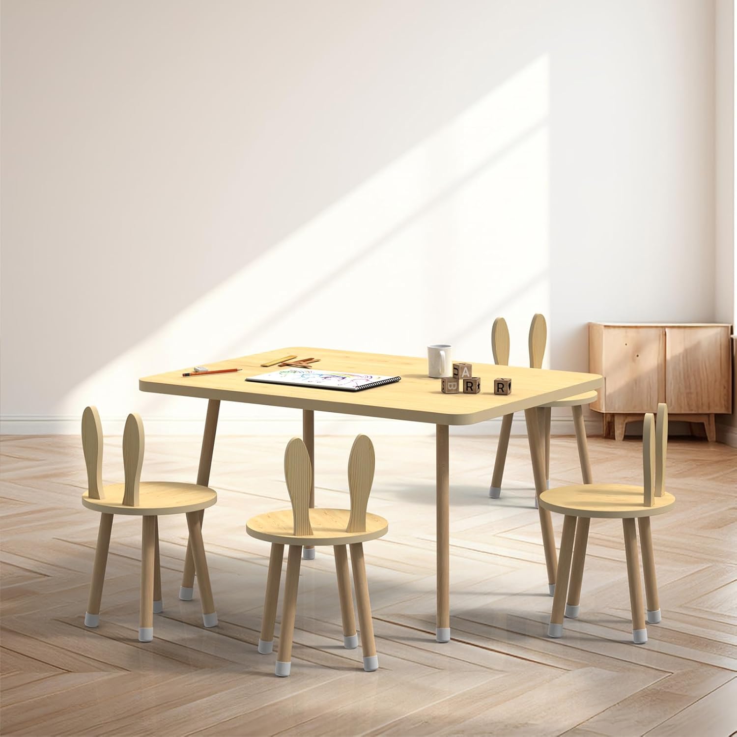 Amazon.com: Kids Table and 4 Chairs, Easy to Wipe Solid Wood Kids Craft ...