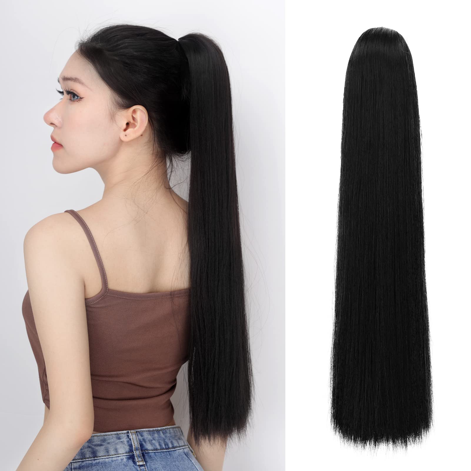 JHZSJF Long Straight Drawstring Ponytail Extension Black Women Clip ...