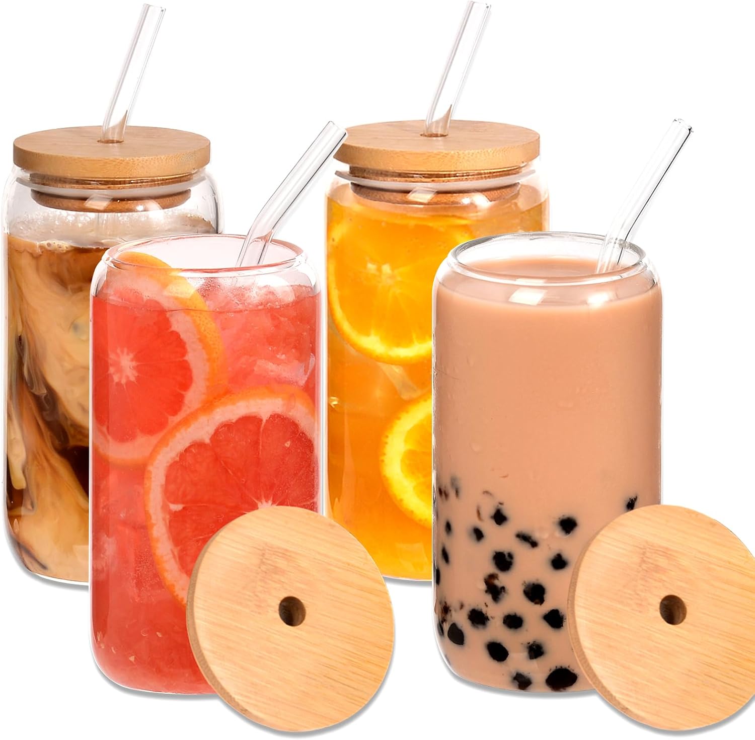 Amazon.com: 【4pcs】 Glass Cups with Bamboo Lids and Glass Straws Set ...