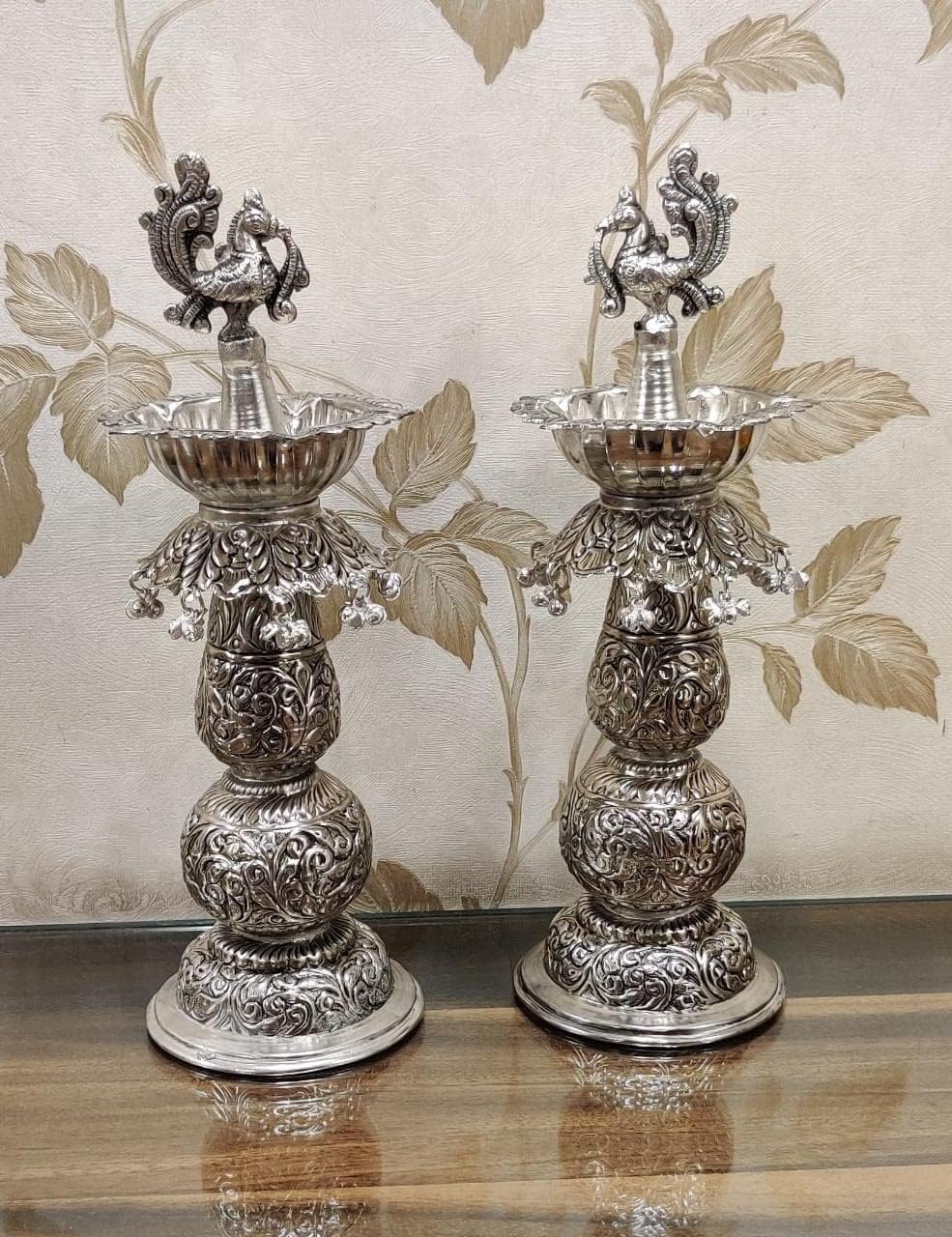 Buy German Silver Hand Engraved Peacock Samai Pair / Diya Stand Pair ...