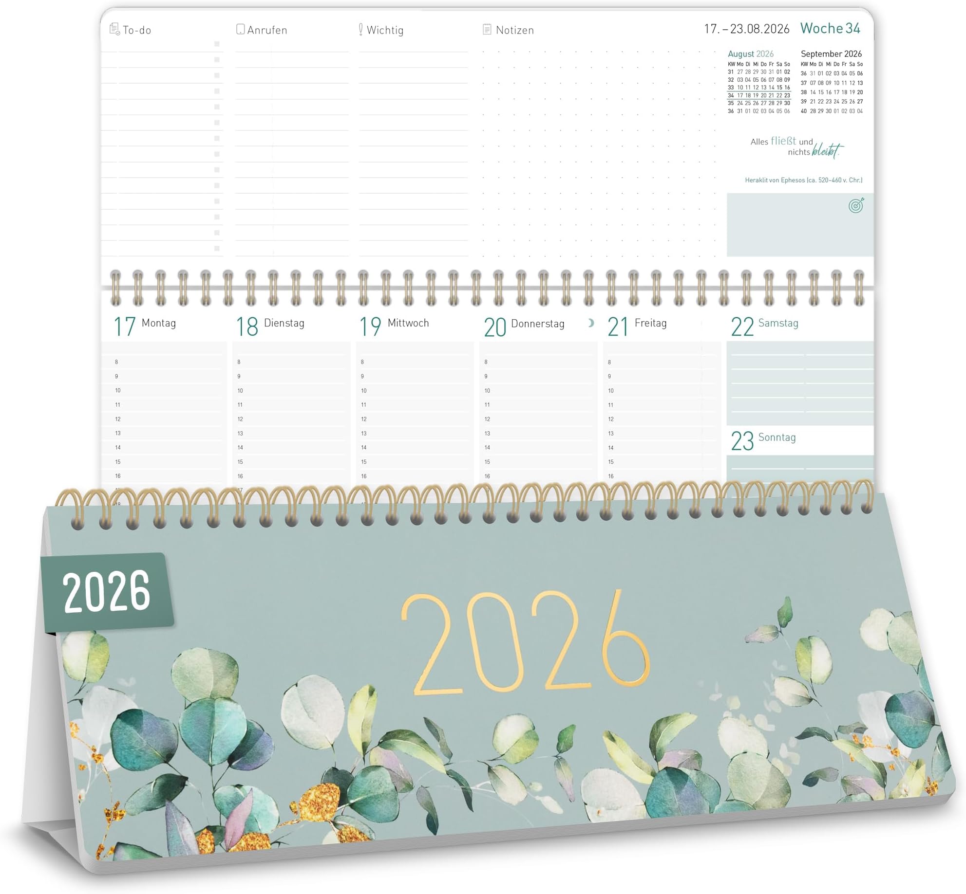 Häfft® Wochen-Tischkalender 2026 quer mit Aufsteller "Soft Beige" 1 ...