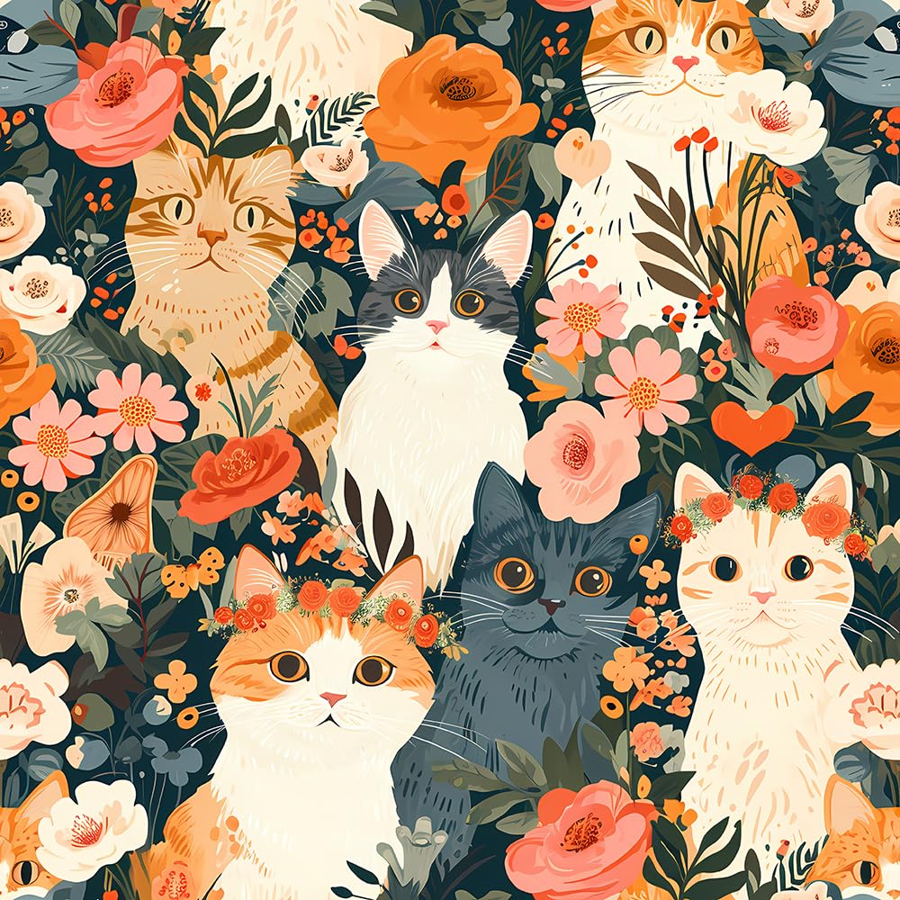 REDAMANCY Cute Dark Grey/Black/Beige Cat Pink Orange Flowers Garden ...