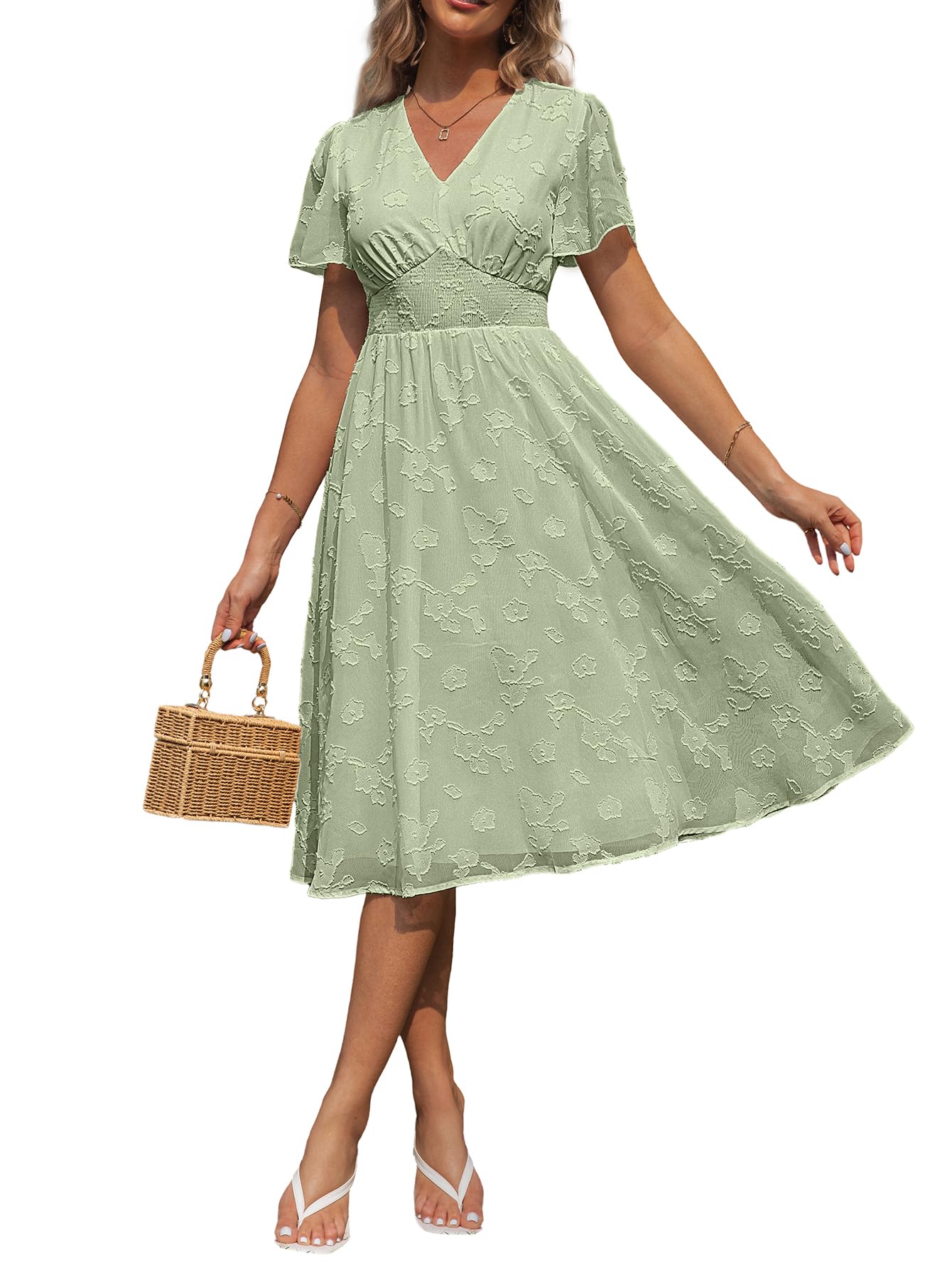 Simplee Women's Casual Floral Chiffon Midi Dress V Neck Empire Waist ...