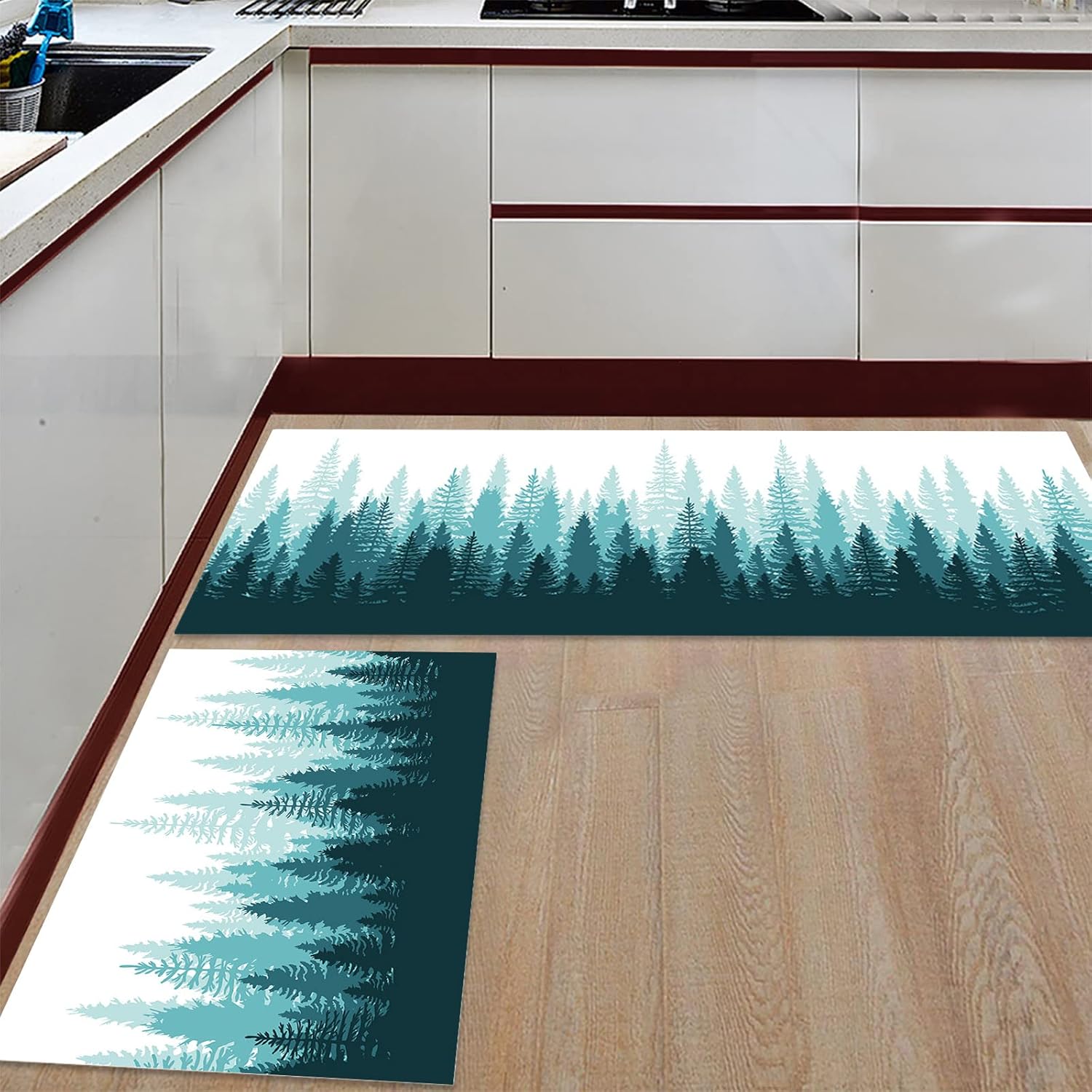 Amazon.com: Kitchen Mat 2PCS, Green Teal Watercolor Forest Pine Trees ...