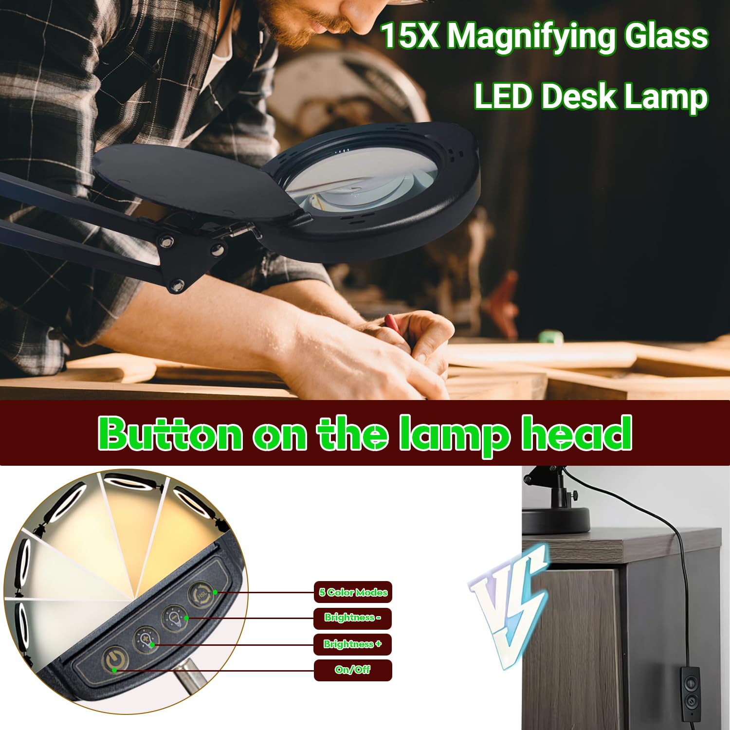 Magnifier With Light 15x Work Desk Lamp , 5-Color Mode Dimmable LED ...