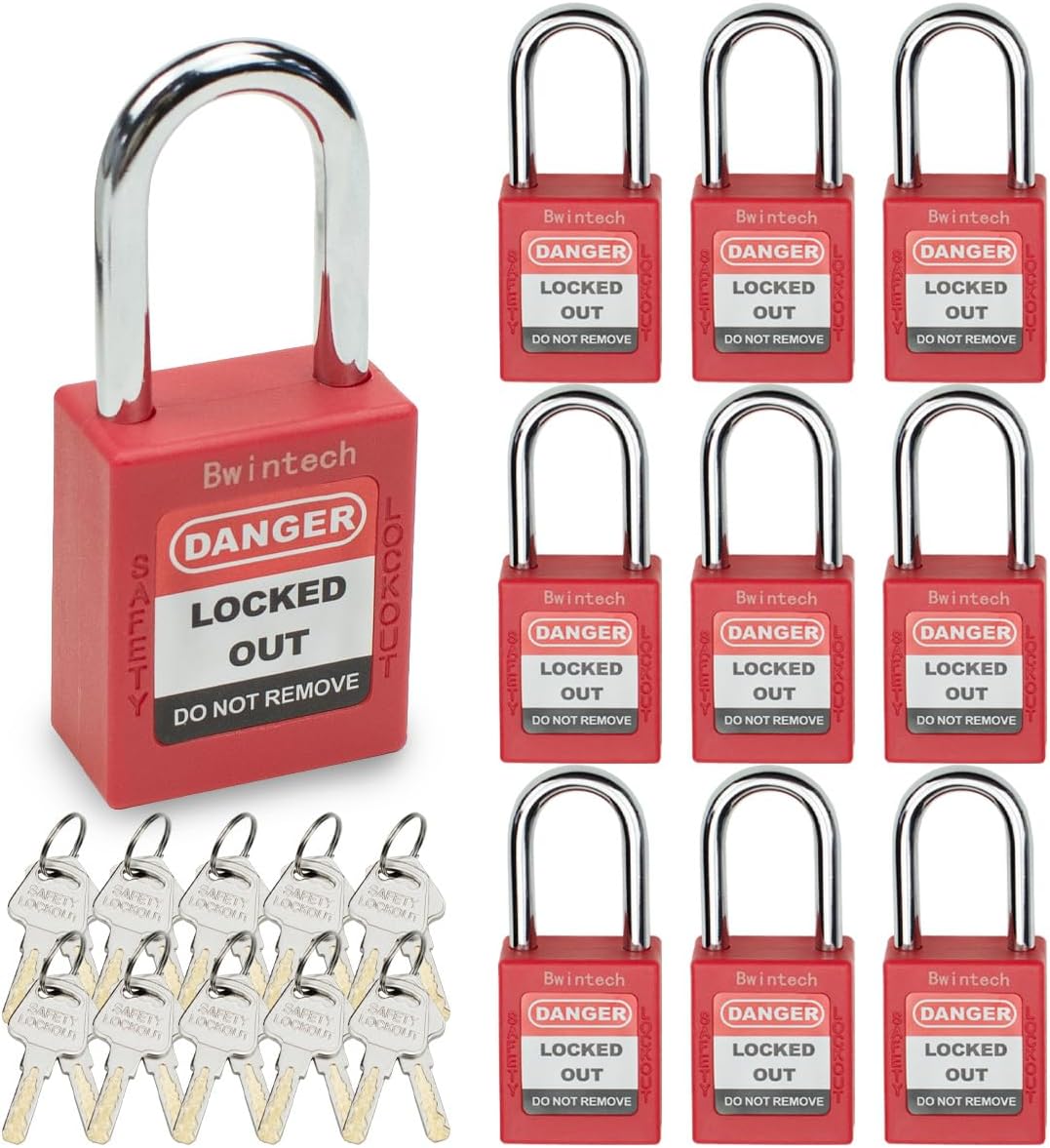 Bwintech 10 Pcs 38MM Keyed Different Red Safety Padlock Lockout Tagout ...