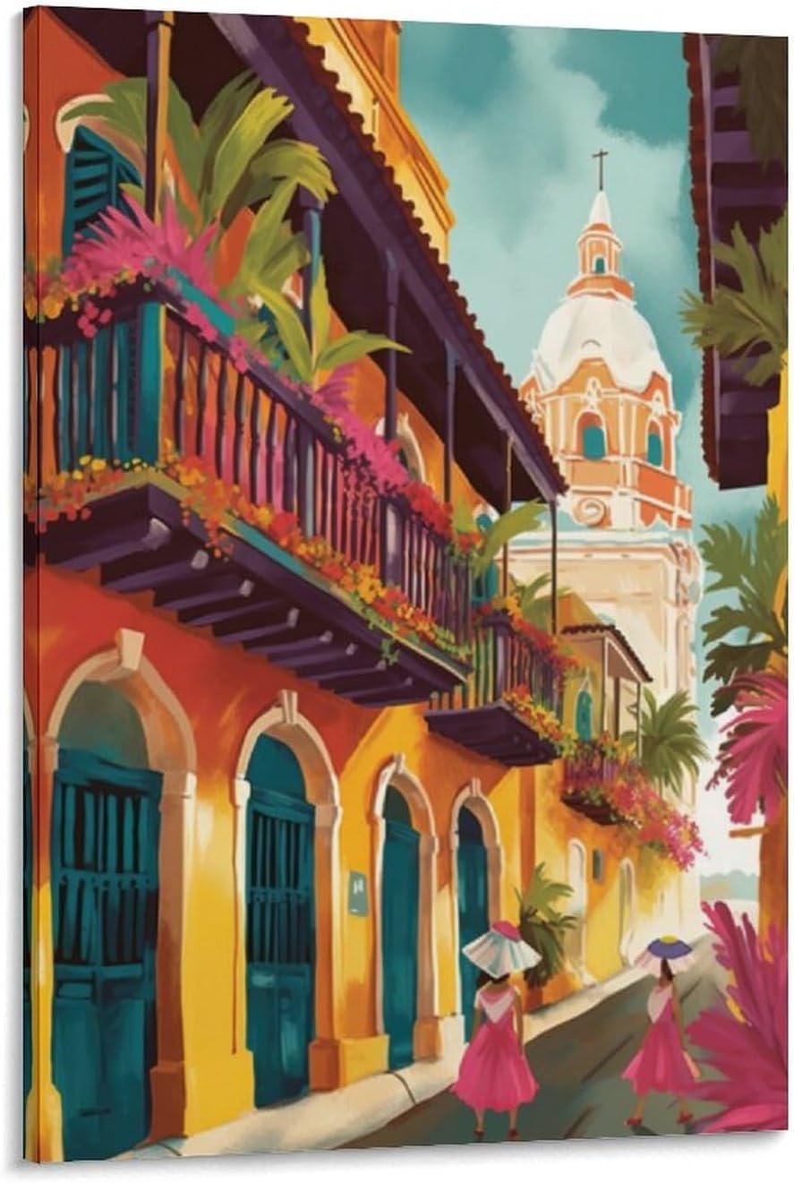 Amazon.com: Caribbean Art Deco Poster - Colombia Canvas Art - Cartagena ...