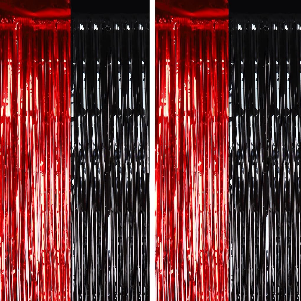 Amazon.com: PARTVON 2 Pack Red Black Foil Fringe Curtains - Party ...