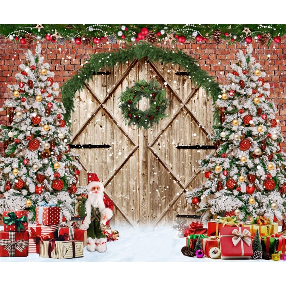 Amazon.com : Winter Christmas Backdrop 10x8ft Rustic Barn Wood Door Red ...