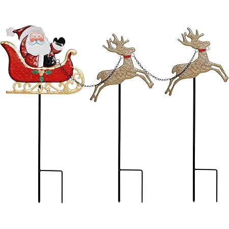 Amazon.com: Metal Sleigh Stake for Christmas with Santa, Reindeer ...