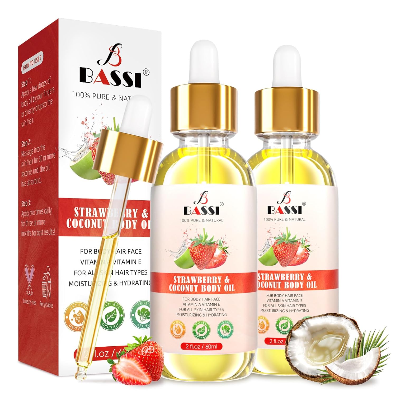 Amazon.com : BASSI 2PCS Organic Coconut Oil Strawberry Moisturizing ...