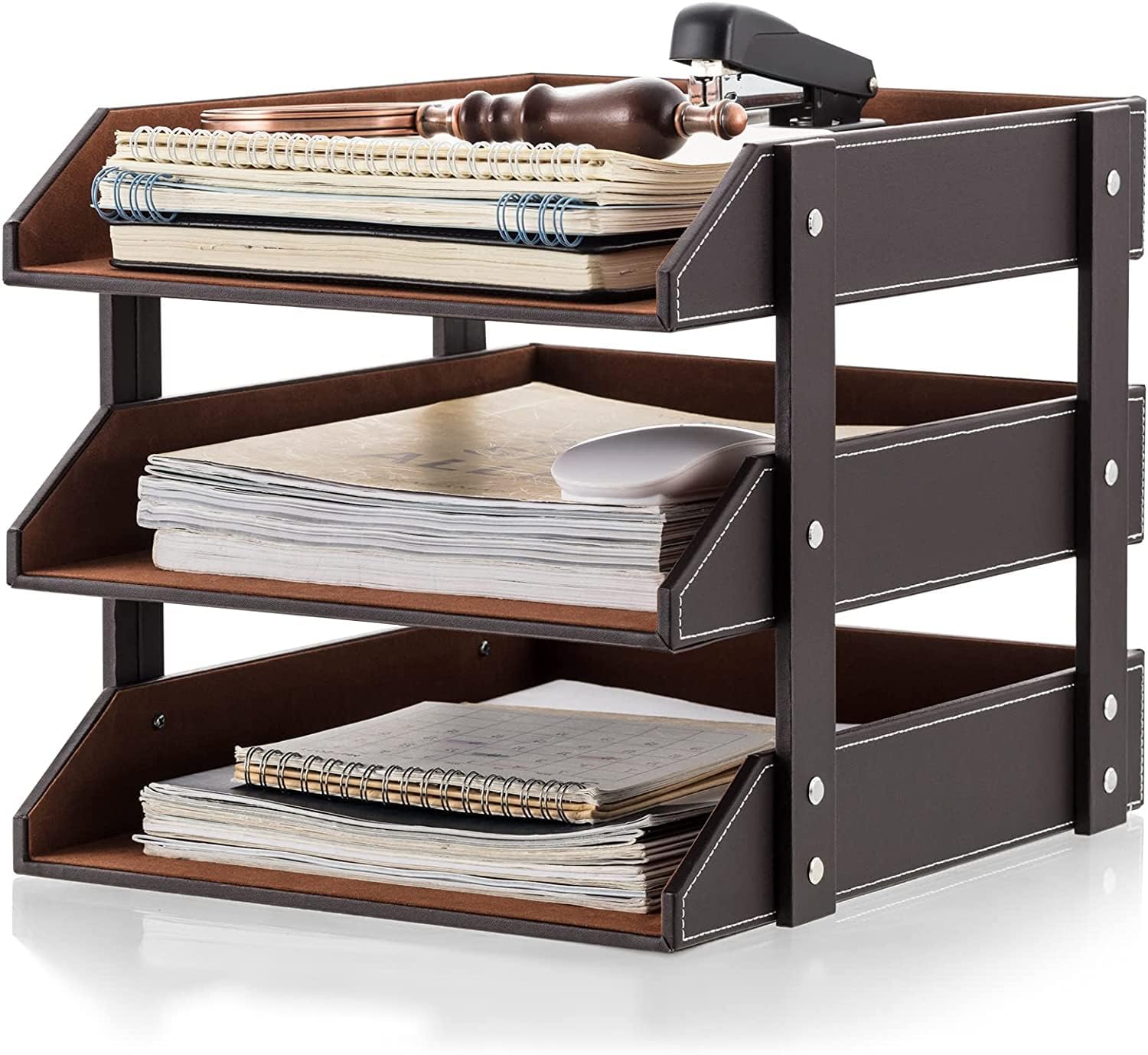 Leather Desk Organizer VANQUISH 3-Tier Stackable Letter Tray Holder for ...