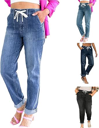 Drawstring Jeans Women Elastic Waist Plus Size High Waisted Baggy Denim ...