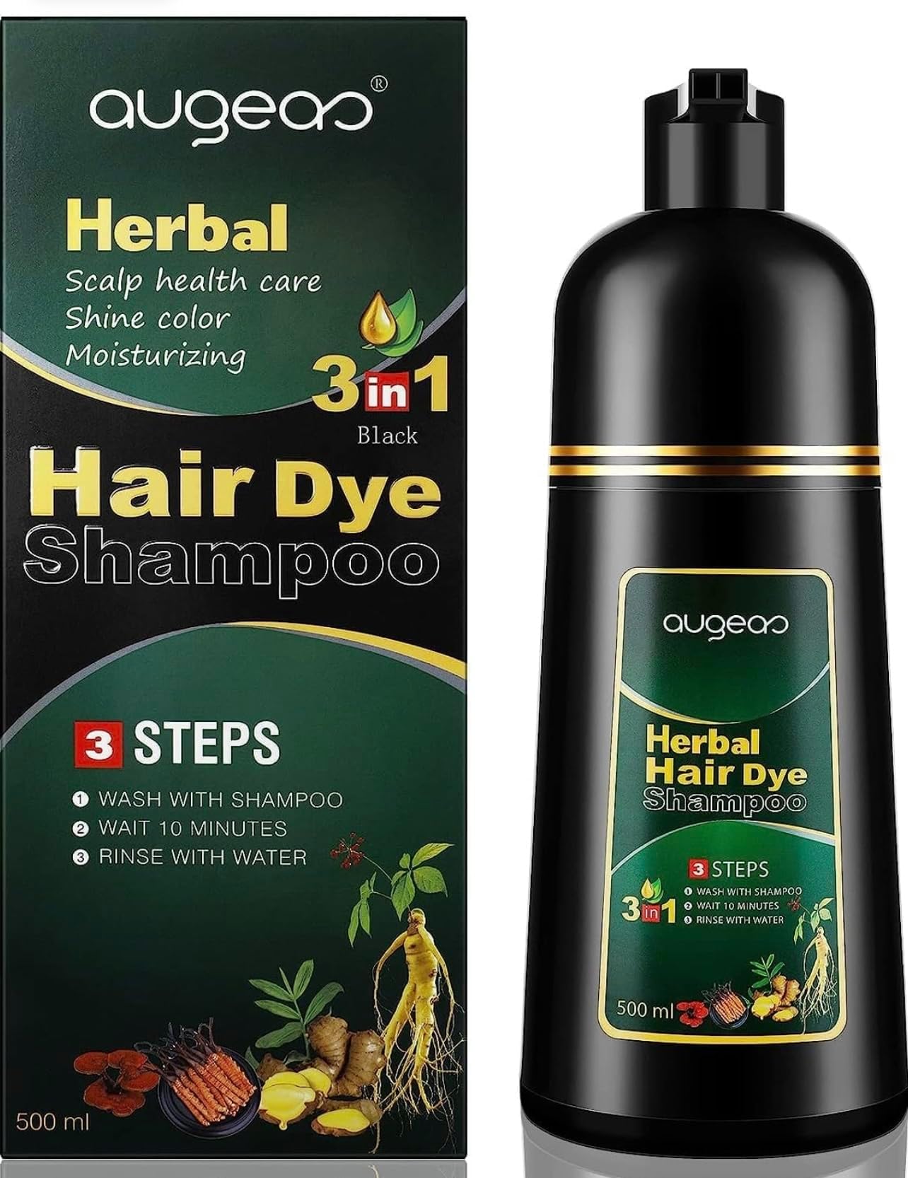 Amazon.com : AUGEAS 500ML Black Permanent Hair Color Shampoo, 3 IN 1 ...