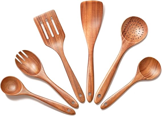 Amazon.com: Airesly Teak Wooden Kitchen Utensil Set, 6 PCS Wooden Spoon ...