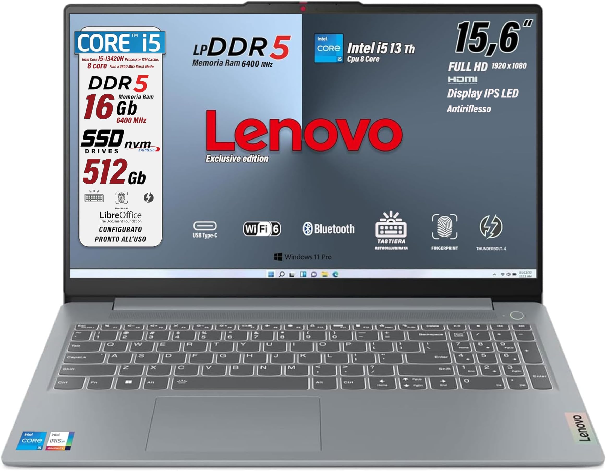 Lenovo, pc portatile Notebook, i5 13420H 13th, DDR5 16Gb, Display IPS FHD 15,6", SSD 512 Gb, Wi ...