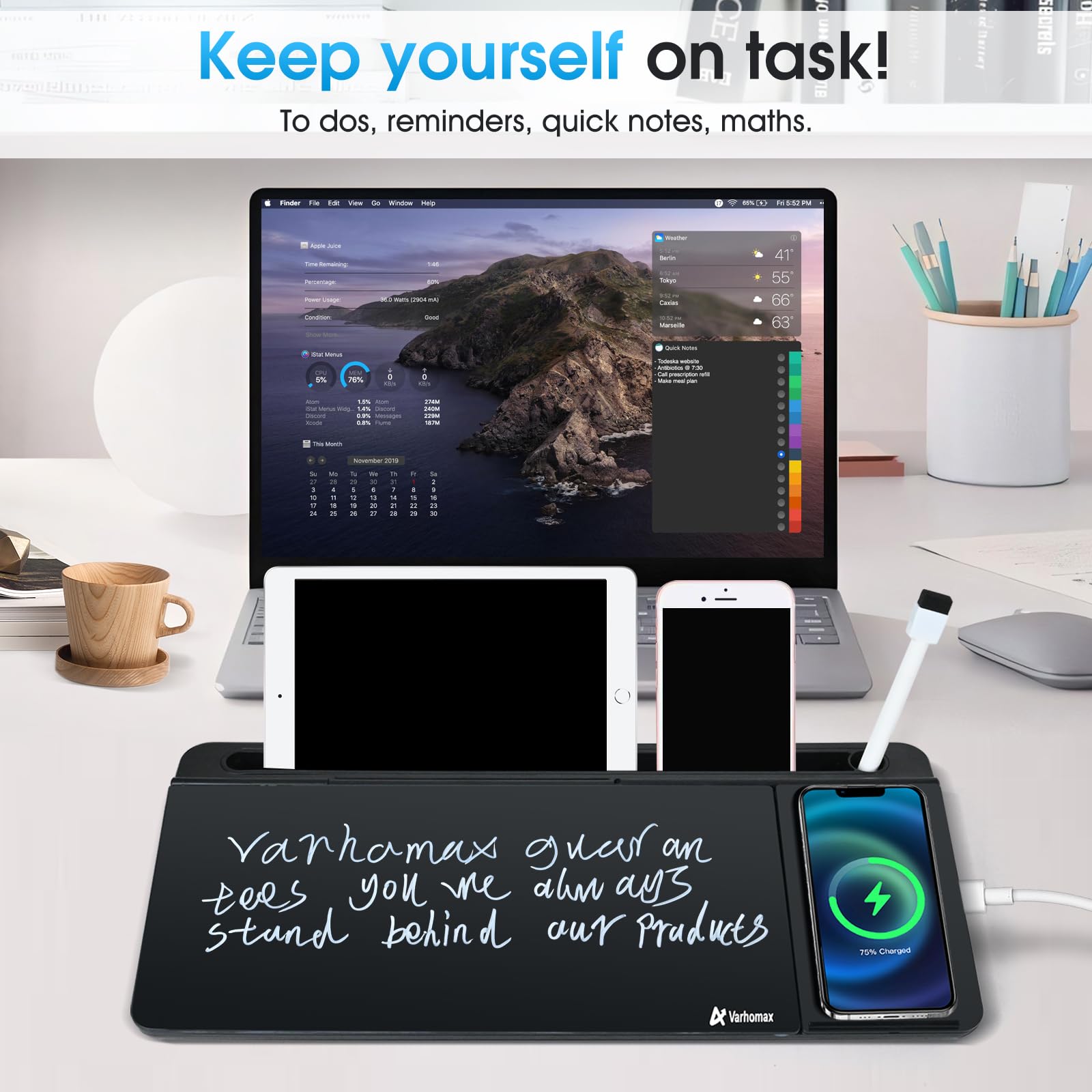 Varhomax Glass Desk Whiteboard Black with Wireless Charger, Desktop Dry ...