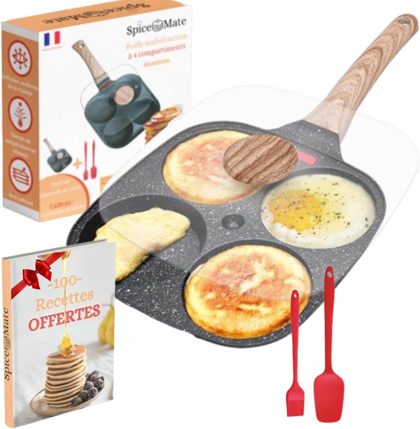 Spicemate Poêle à pancakes + couvercle + e-book offert, 4 emplacements ...
