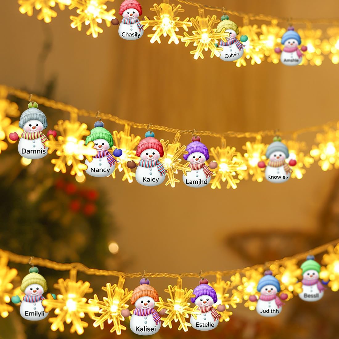 Amazon.com: Personalized Snowman Snowflakes String Lights Custom Name ...