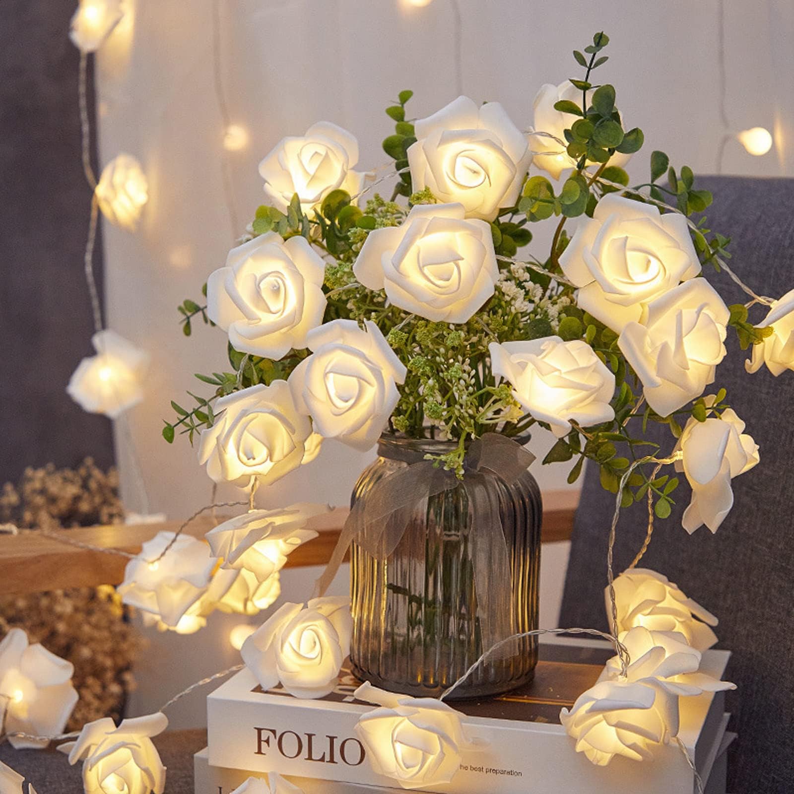 30 LED White Rose Fairy Lights String Lights Battery Operated Flower ...
