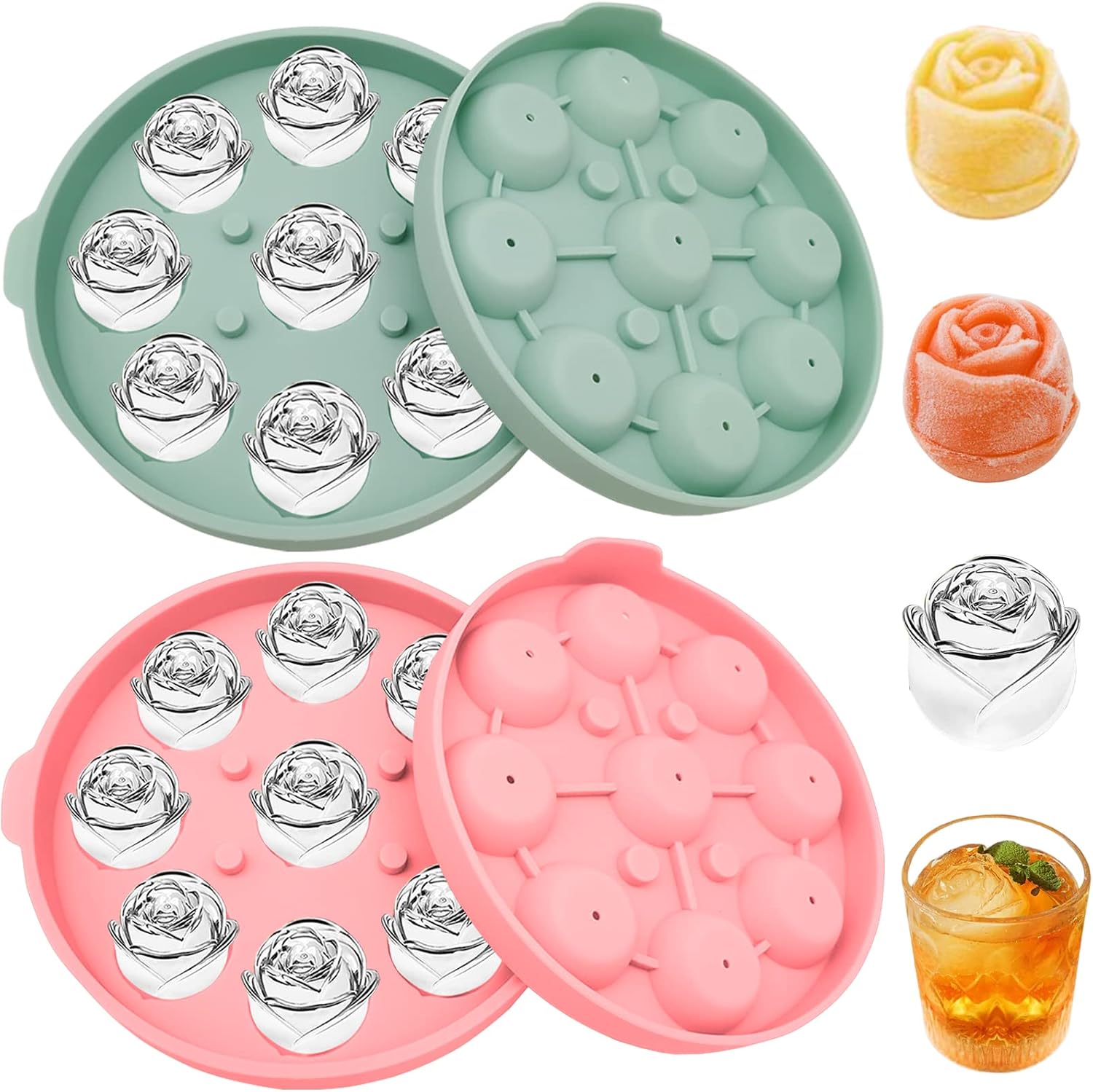 Amazon.com: 2 Pcs Rose Ice Mold, Silicone Ice Cube Tray Rose Ice Molds ...