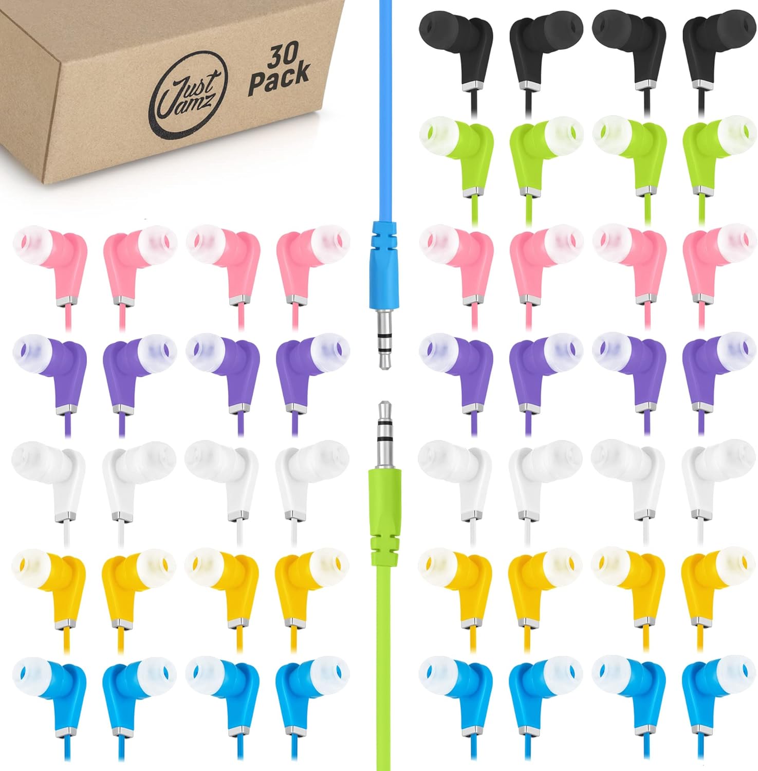 Amazon.com: JustJamz Earbuds Bulk Bits, 30 Pack | Multicolored Earbuds ...
