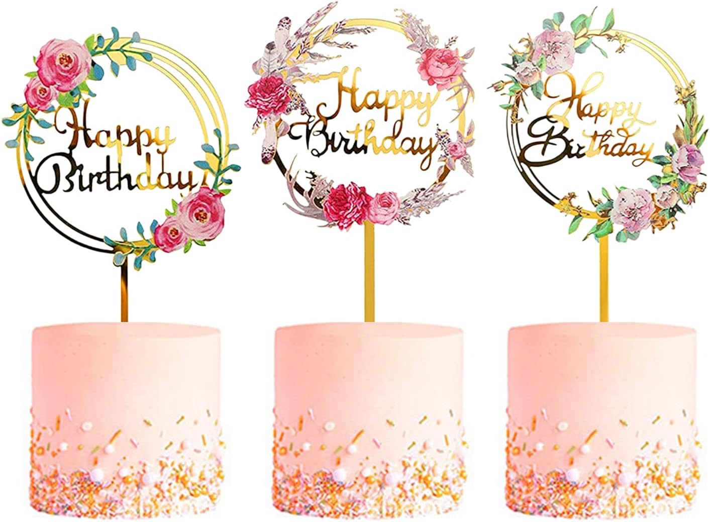 Personalised Happy Birthday Cake Topper - 3Pcs Gold Cake Decorations ...