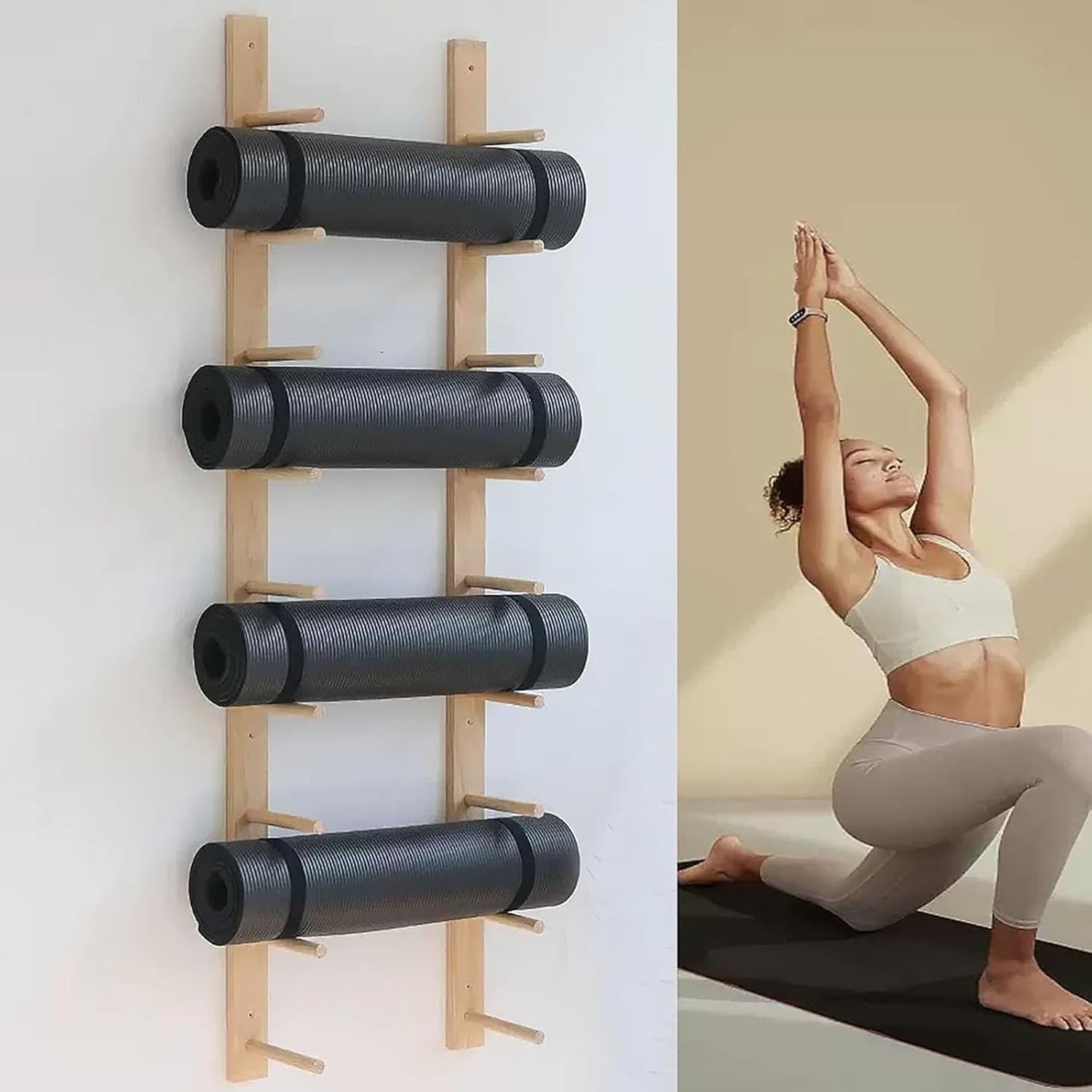 Yoga Mat Holder Wall Mount - Wooden Storage Rack for Yoga Mats, Foam ...