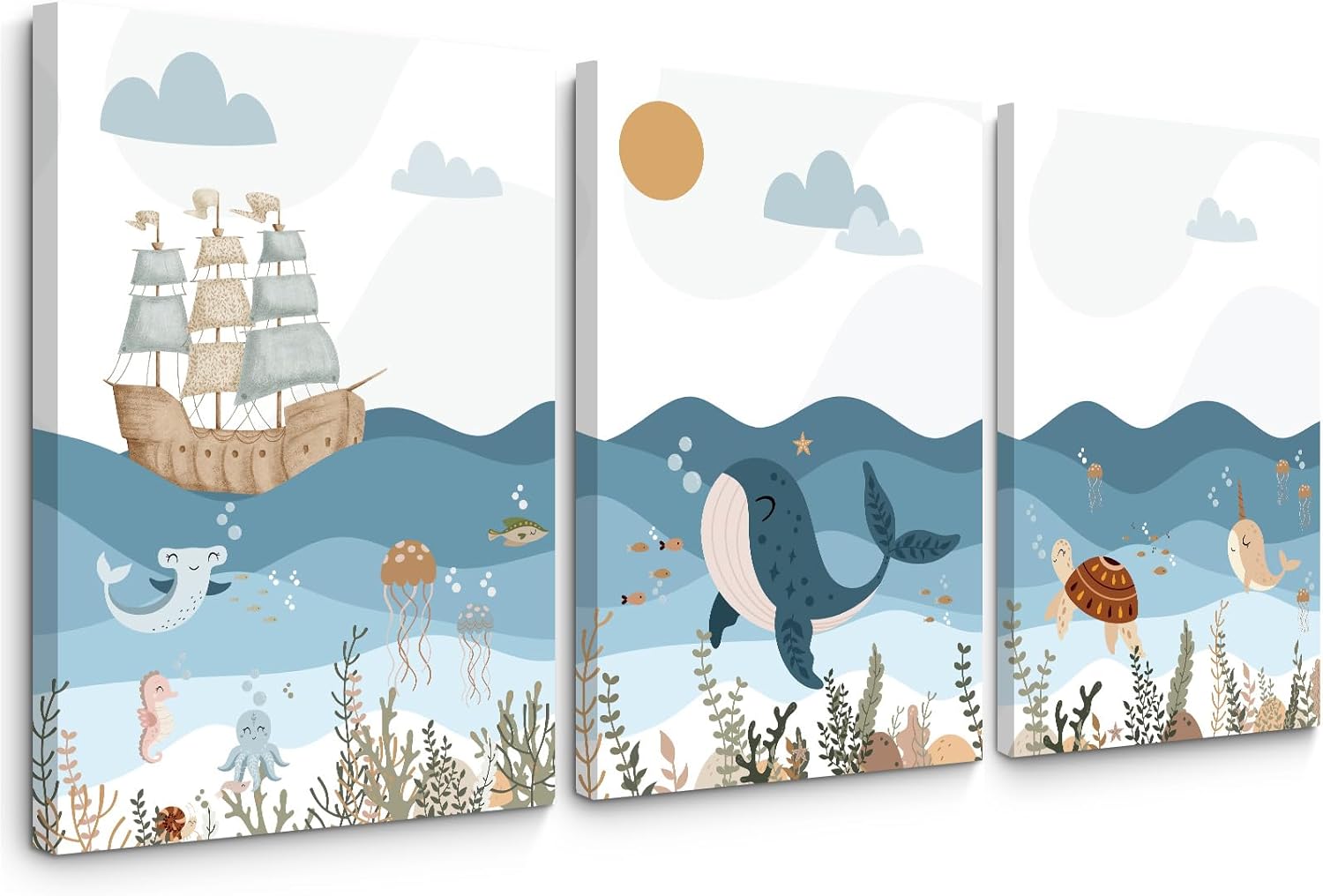 Amazon.com: Ocean Nursery Wall Art Pictures Blue Nautical Canvas Art Beach Animal Wall Decor ...