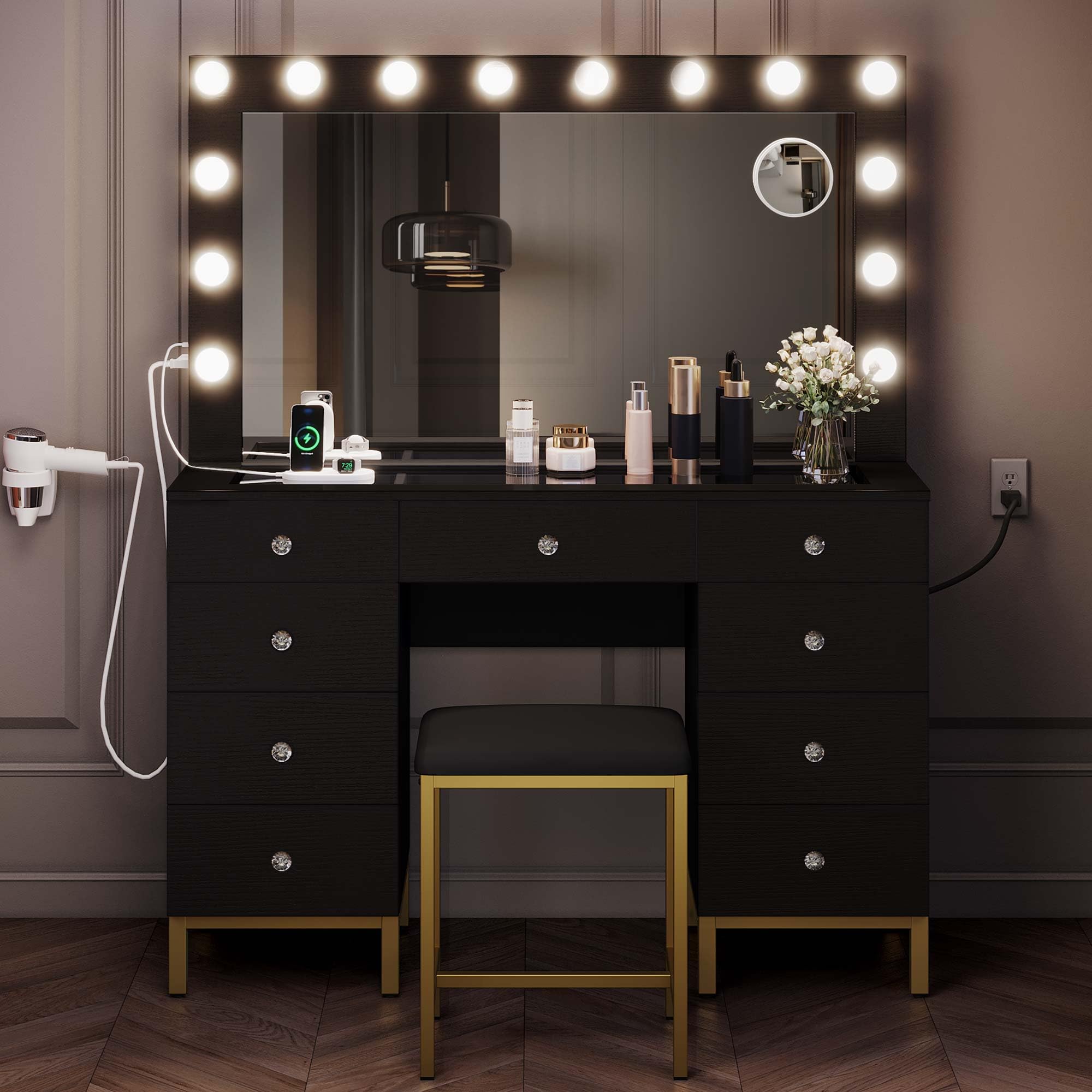 Amazon.com: DWVO Large Black Vanity Desk Set with Hollywood Bulbs ...