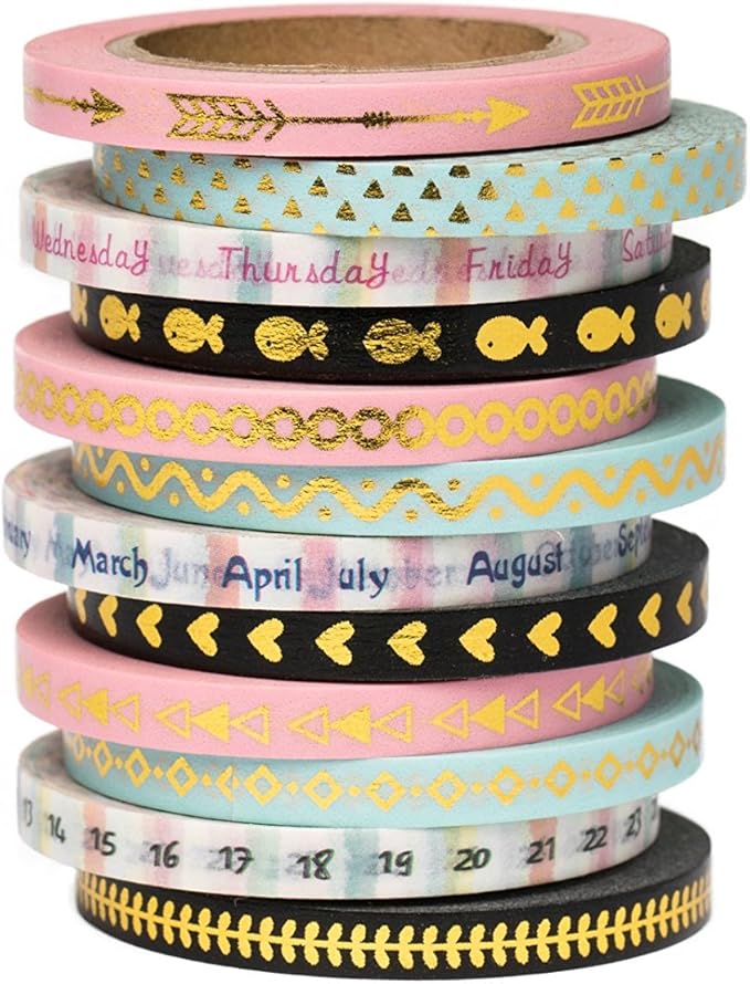12 Skinny Thin Narrow Washi Tapes Masking Tape 5mm x 10 Metres Rolls ...