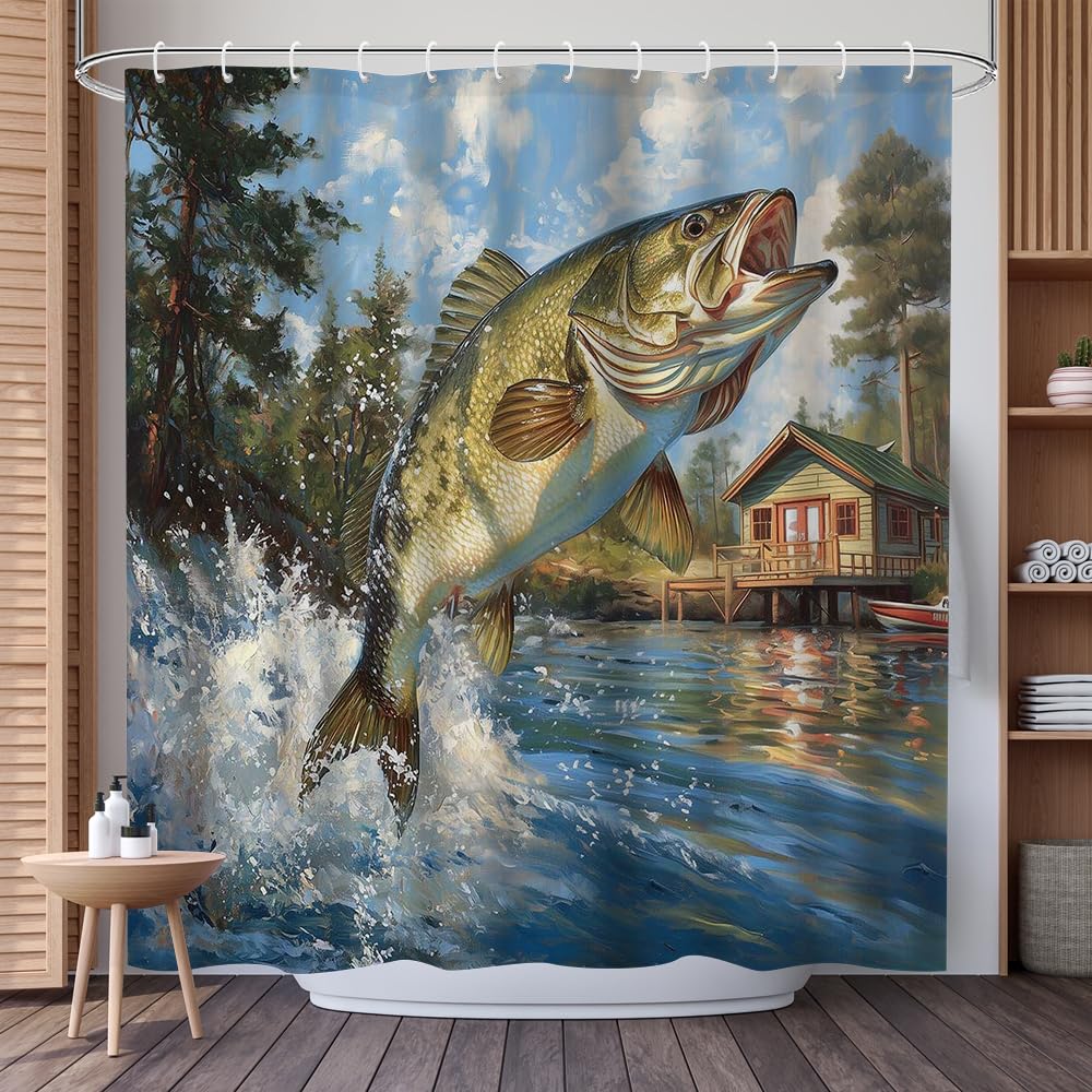 Amazon.com: Printspree Rustic Bass Fishing Shower Curtain - Fish ...