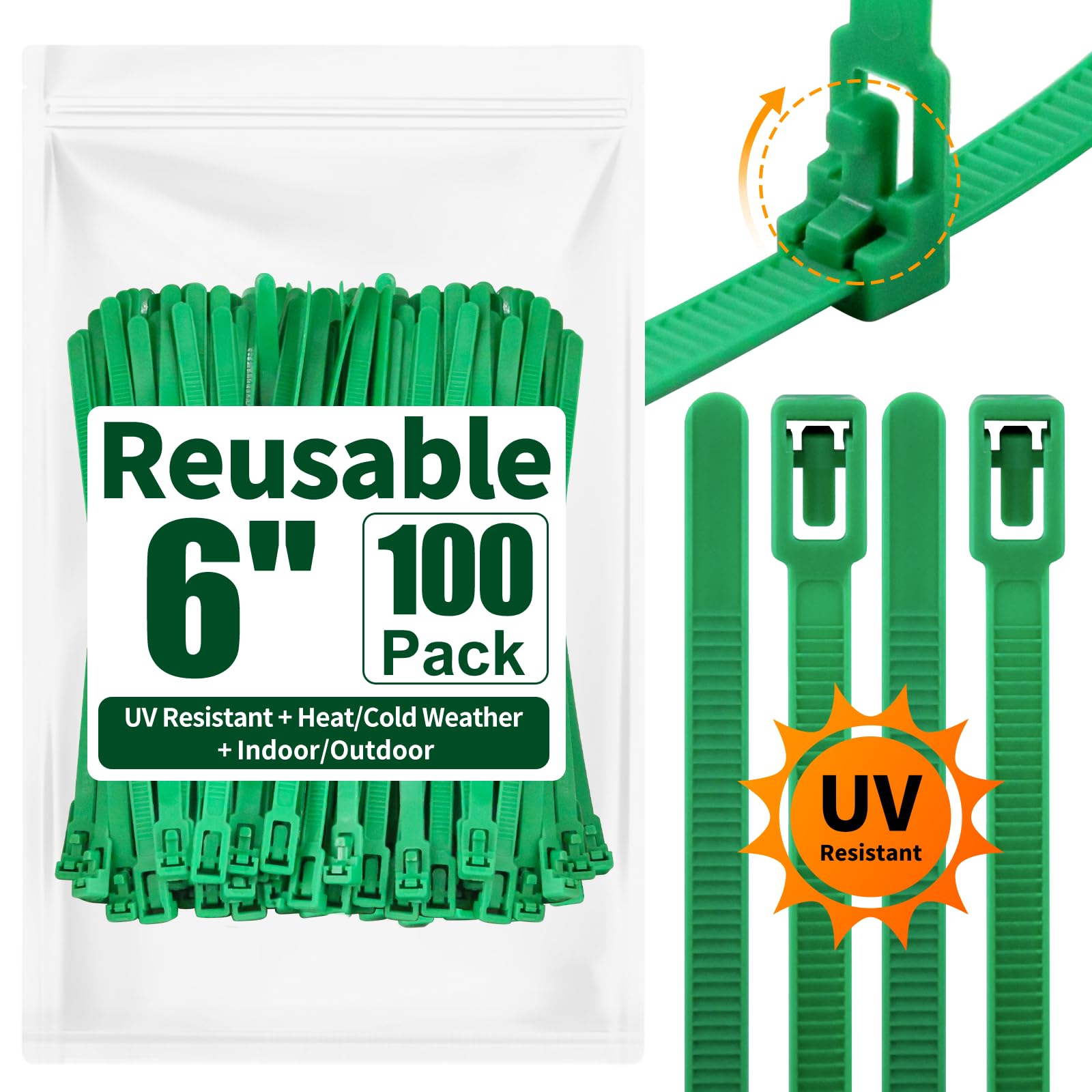Amazon.com: SOOOEC 100 Pack Reusable Green Zip Ties 6 inch Heavy Duty ...