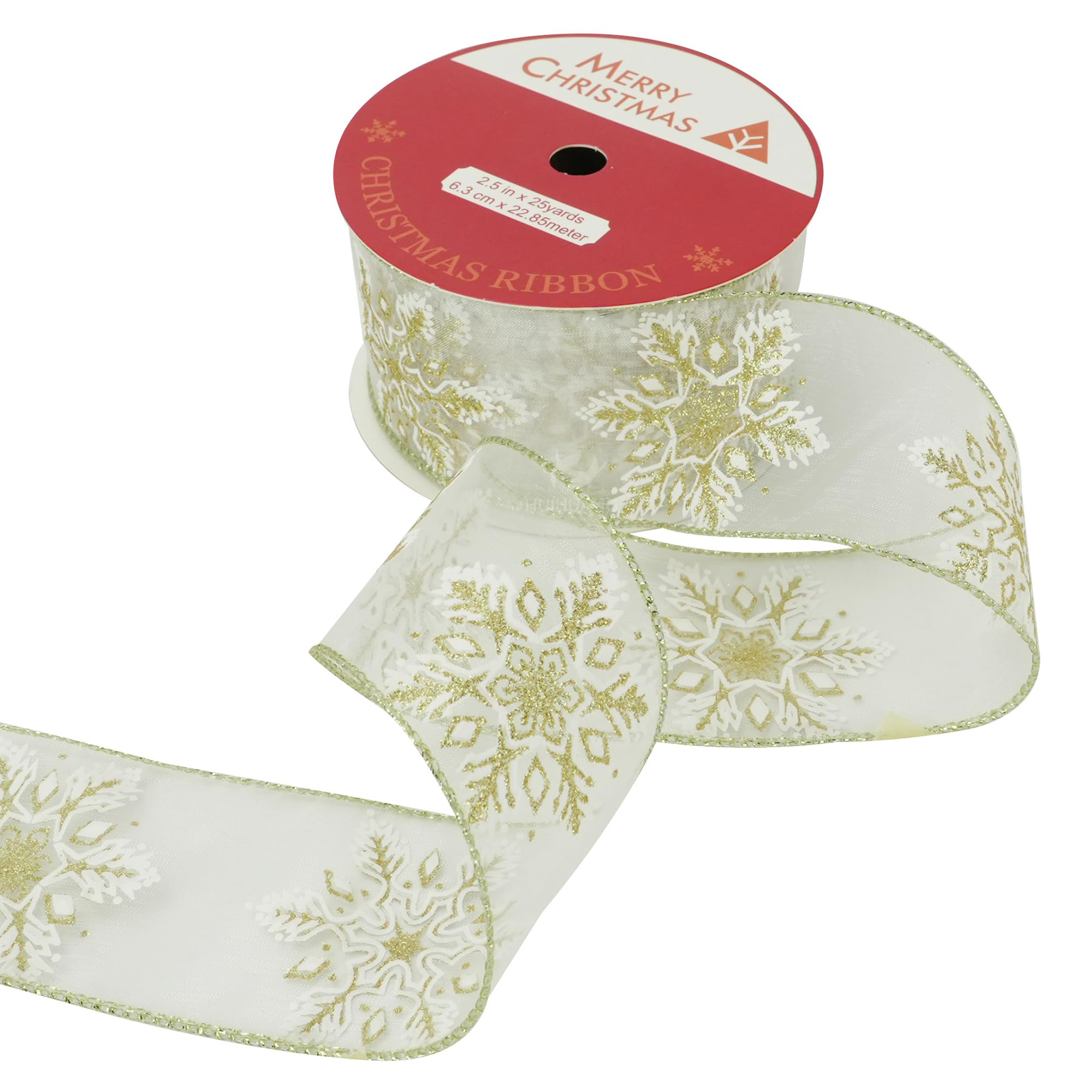 Amazon.com: HUIHUANG Gold Snowflake Wired Ribbon Gold and White Sheer ...