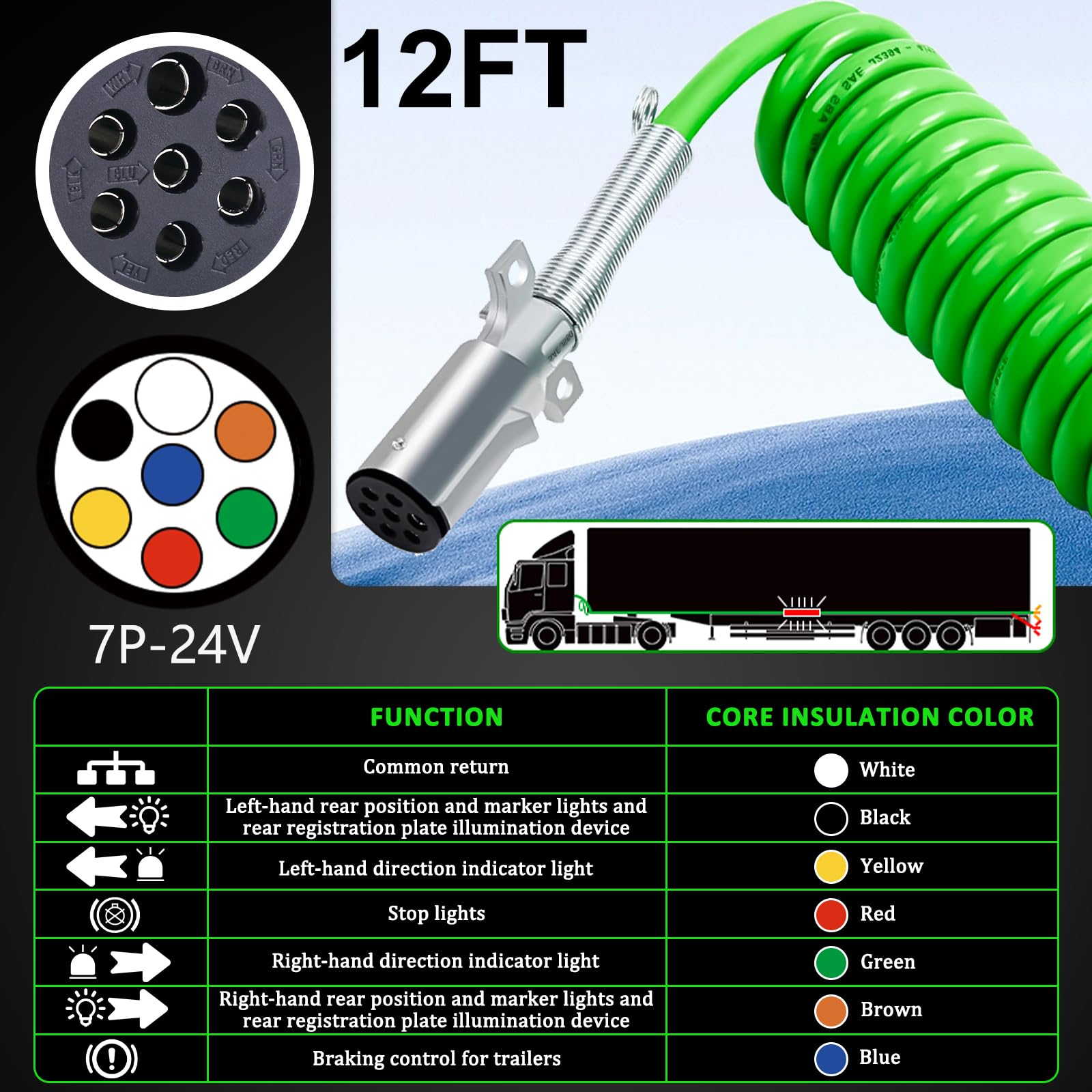 Snapklik.com : 7 Way Coiled Trailer Cord 12FT Heavy Duty Green ...