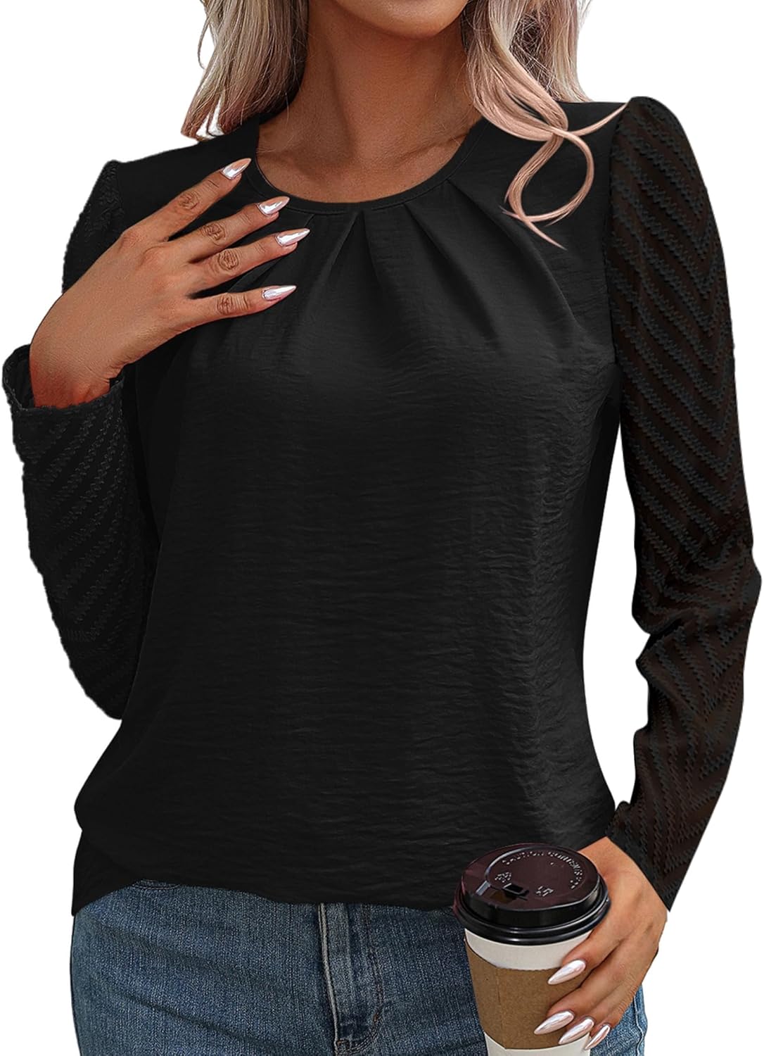 Avanova Women Pleated Mesh Long Sleeve Shirt Casual Work Business ...