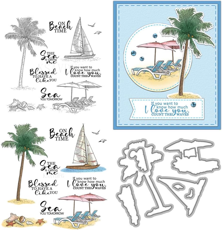 Amazon.com: Beach Chair Coconut Tree Boat Clear Stamps and Die Cuts ...