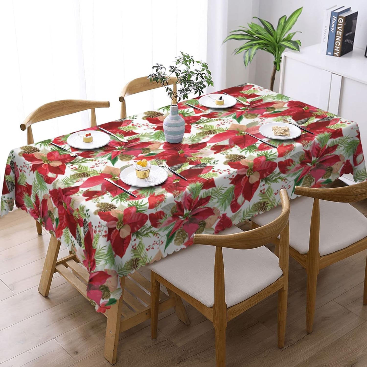 Amazon.com: JSHXJBWR Christmas Winter Poinsettia Tablecloth Xmas ...