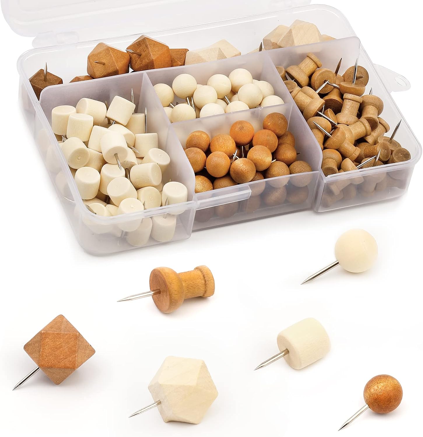 Amazon.com: 157 Pcs Wood Push Pins Wooden Head Pin 4 Types Wooden Thumb ...