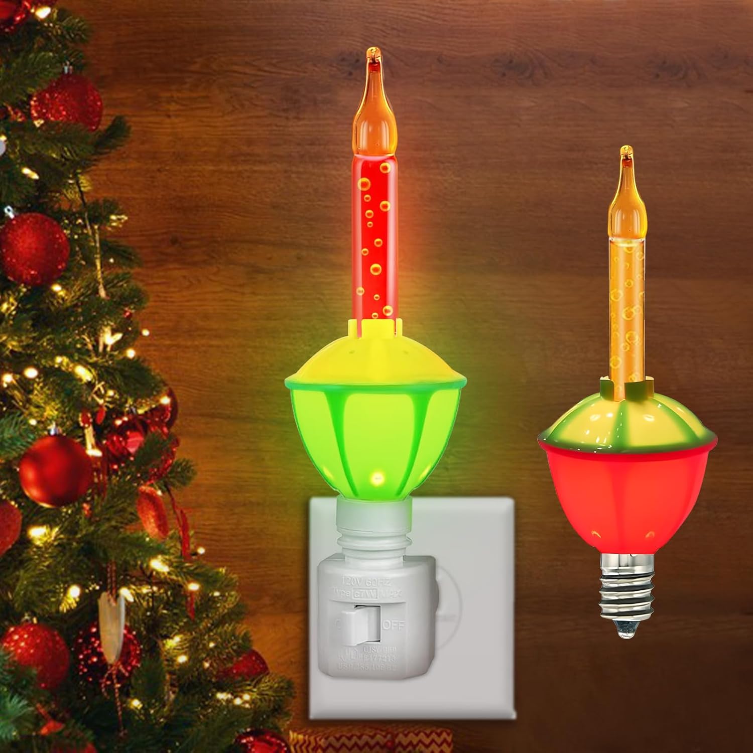 1 Pack Multi-Color Christmas Bubble Light Night Lights,2 Vintage Bubble Light Bulbs with ...