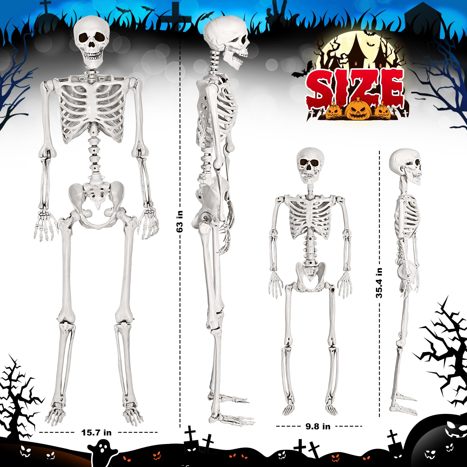 SpringFlower 5.4Ft & 3Ft Halloween Skeleton,Full Body Posable Skeletons ...
