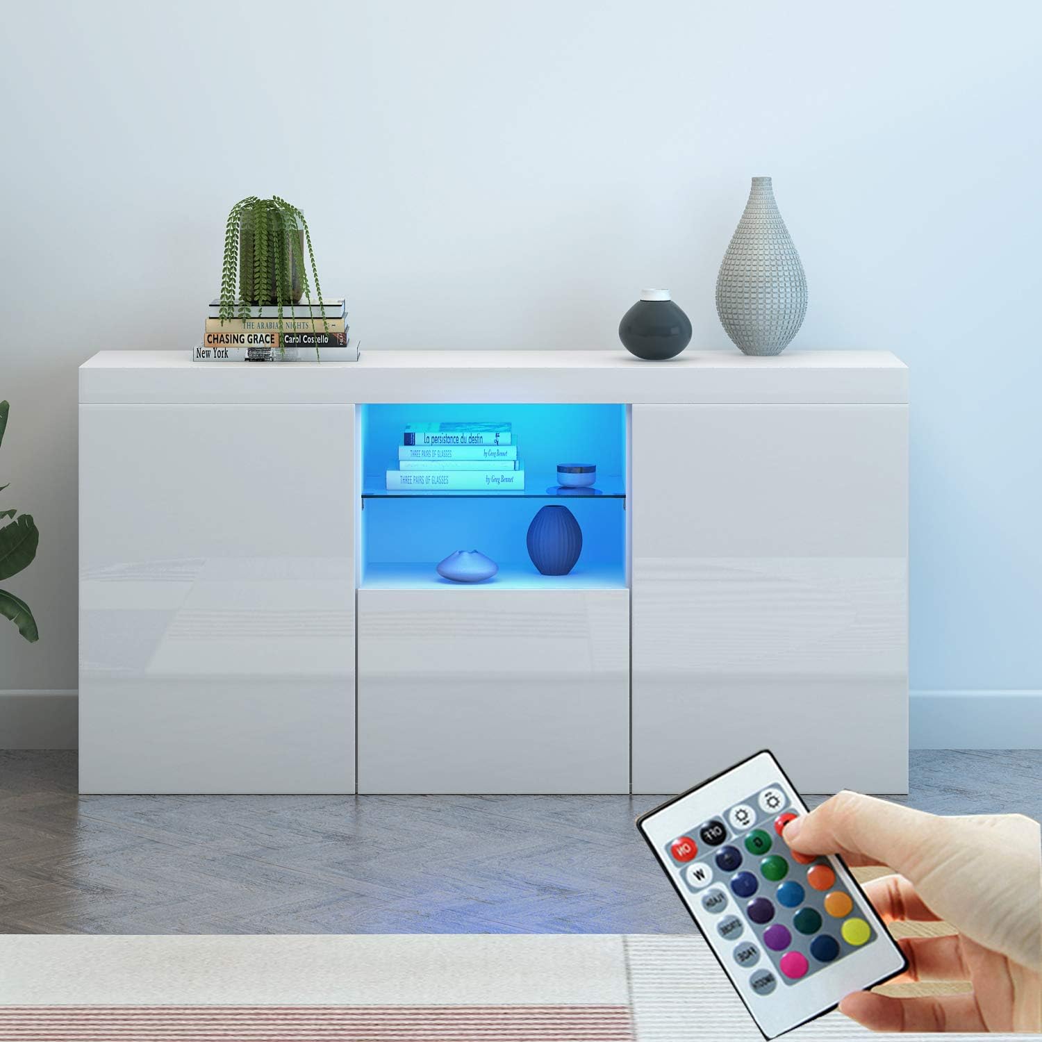 Panana High Gloss 3 Door Sideboard Cupboard with LED Lights Large ...