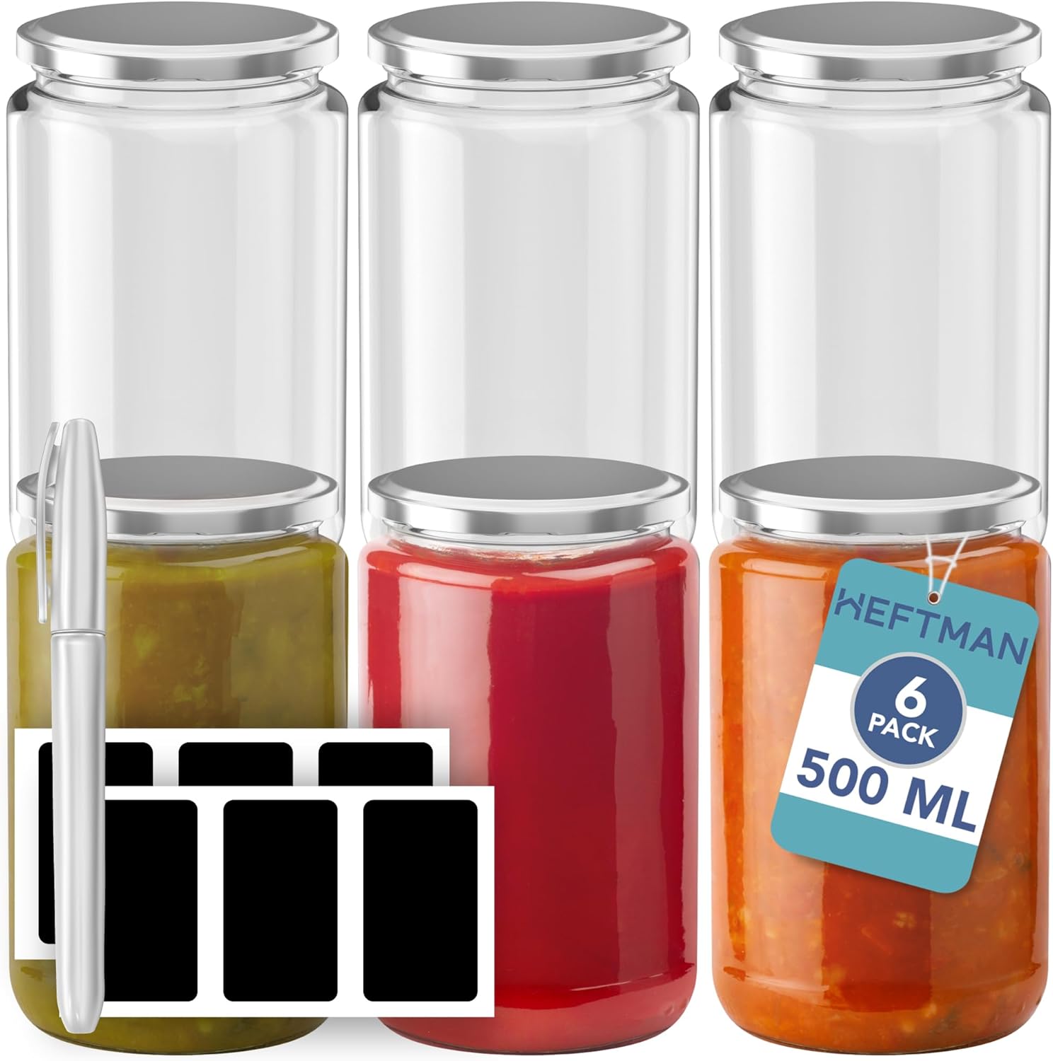 HEFTMAN Glass Jars - 6 Pack, 500ml Jam Jars with Silver, Airtight Lids ...